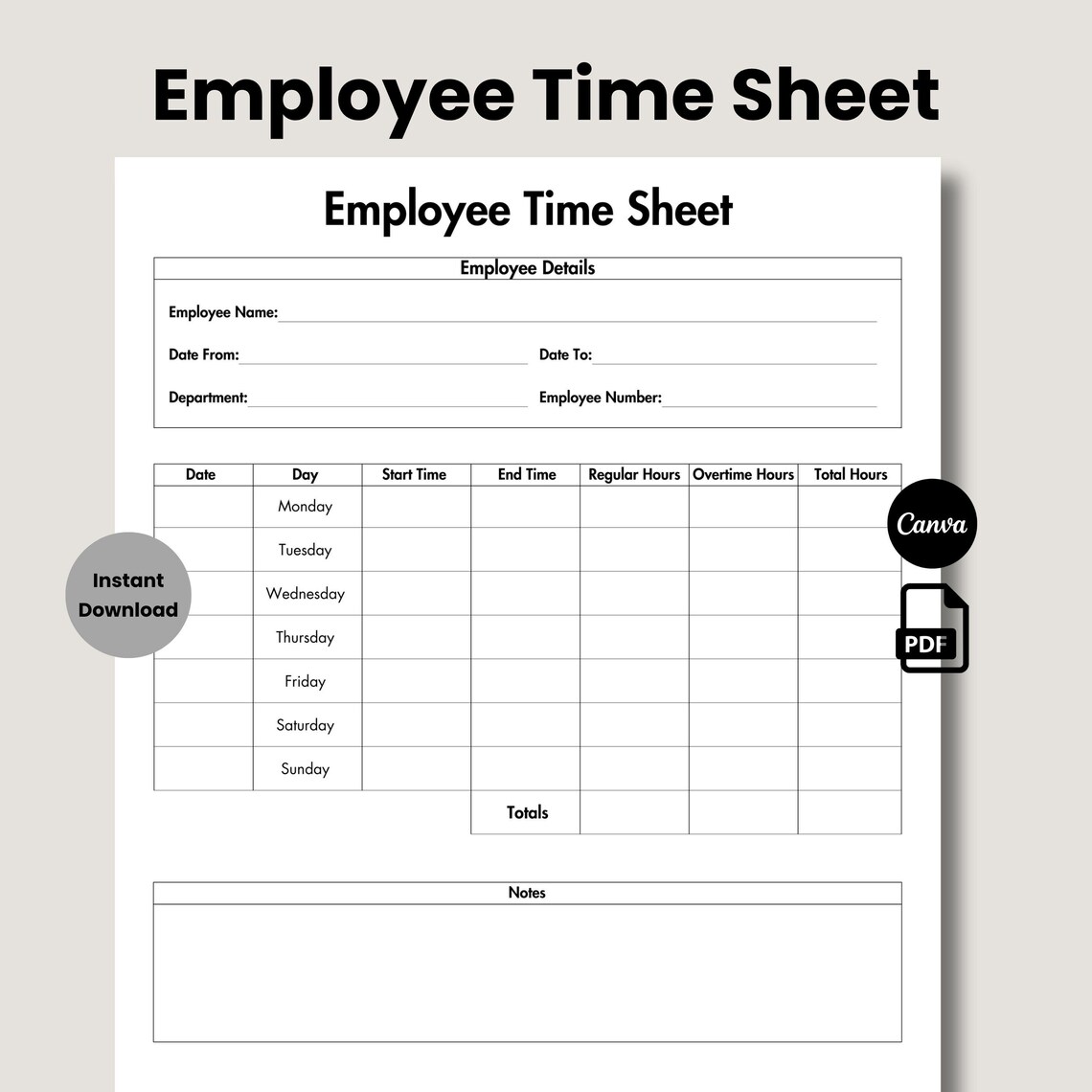 Editable Employee Time Sheet, Timekeeping Sheet Form, Staff Management ...