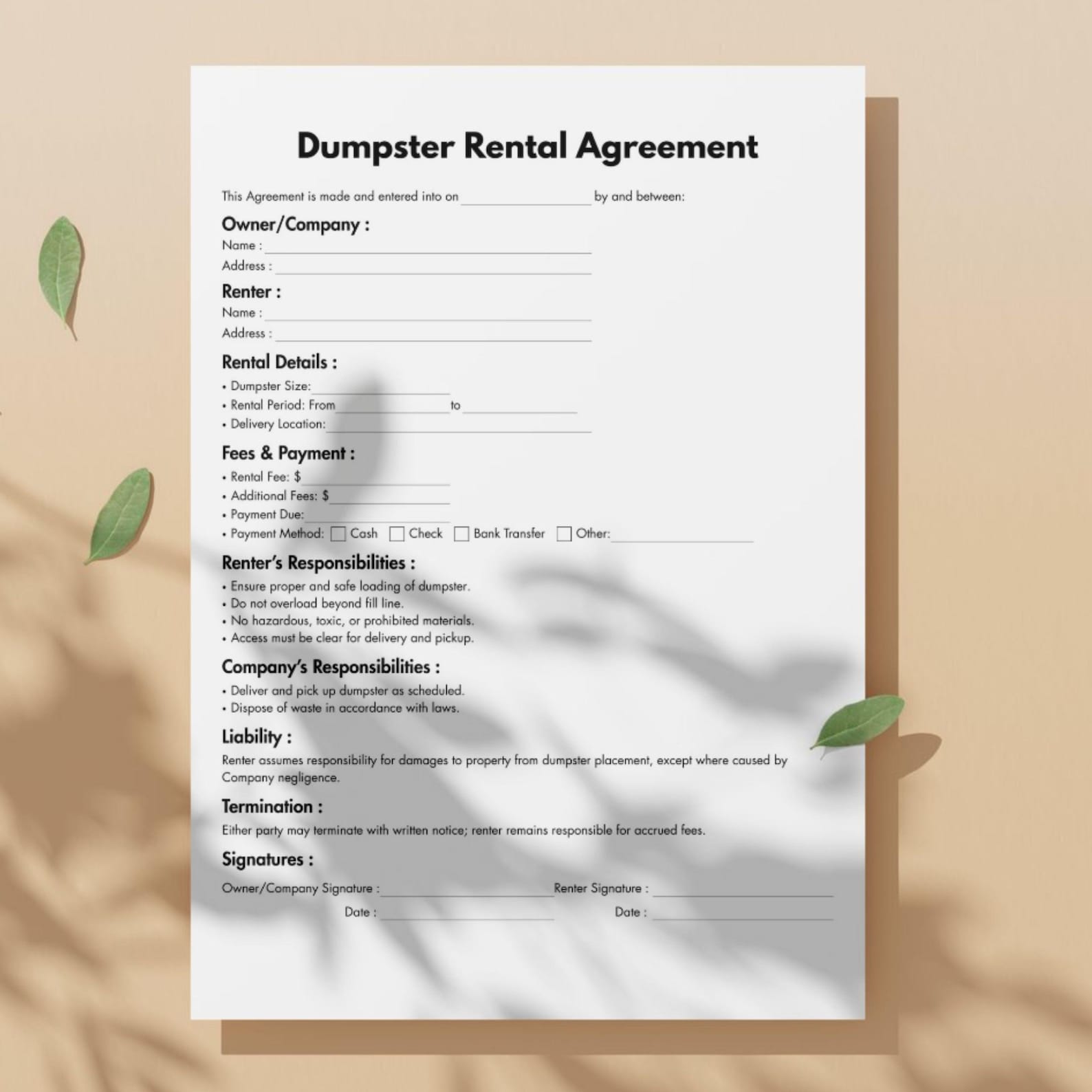 One Page Dumpster Rental Agreement, Editable Contract for Waste ...