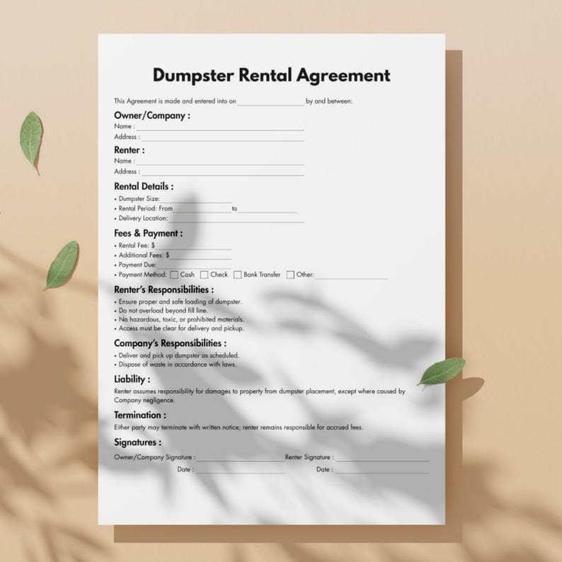 One Page Dumpster Rental Agreement, Editable Contract for Waste ...