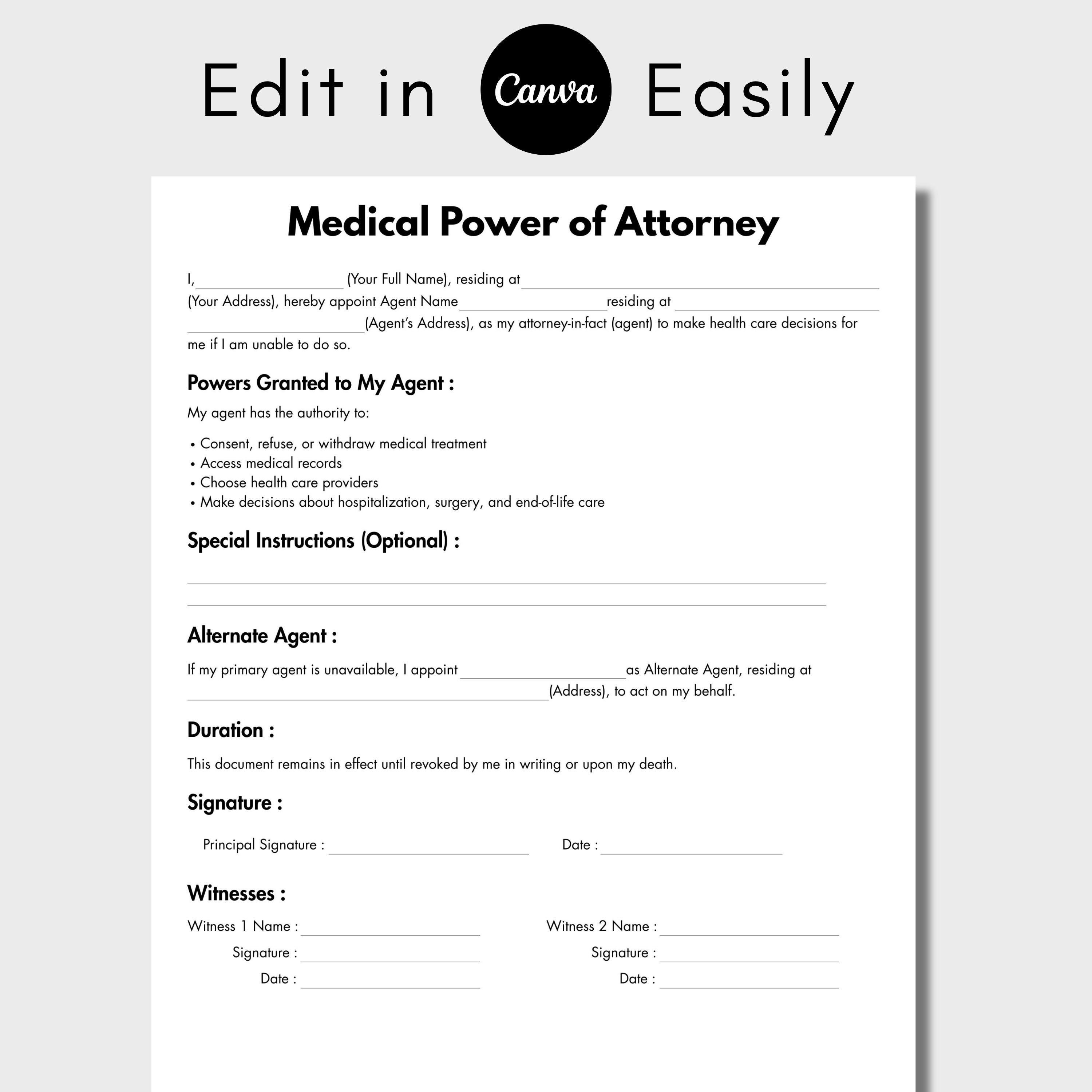 One Page Medical Power of Attorney, Editable Healthcare Authority ...