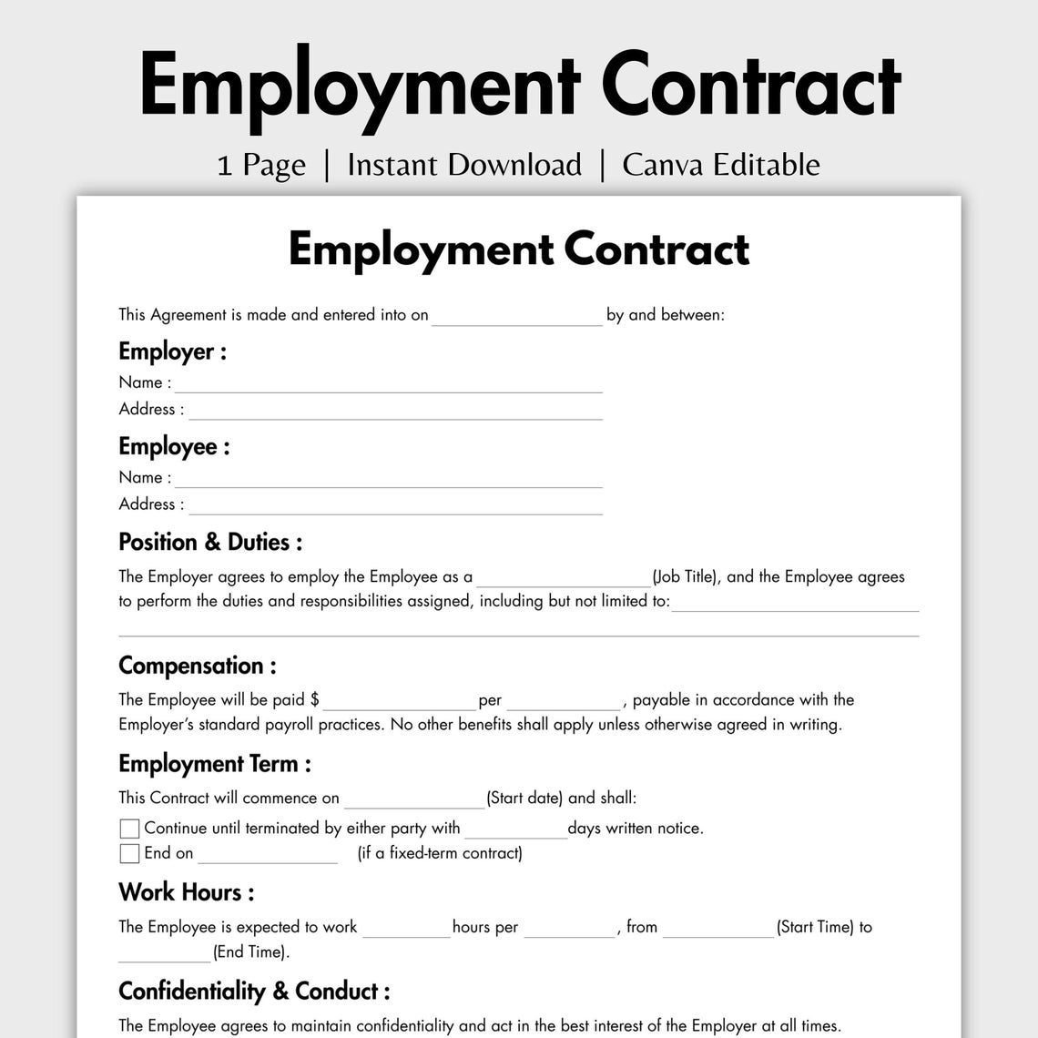 One Page Employment Contract, Editable Employment Service Contract ...