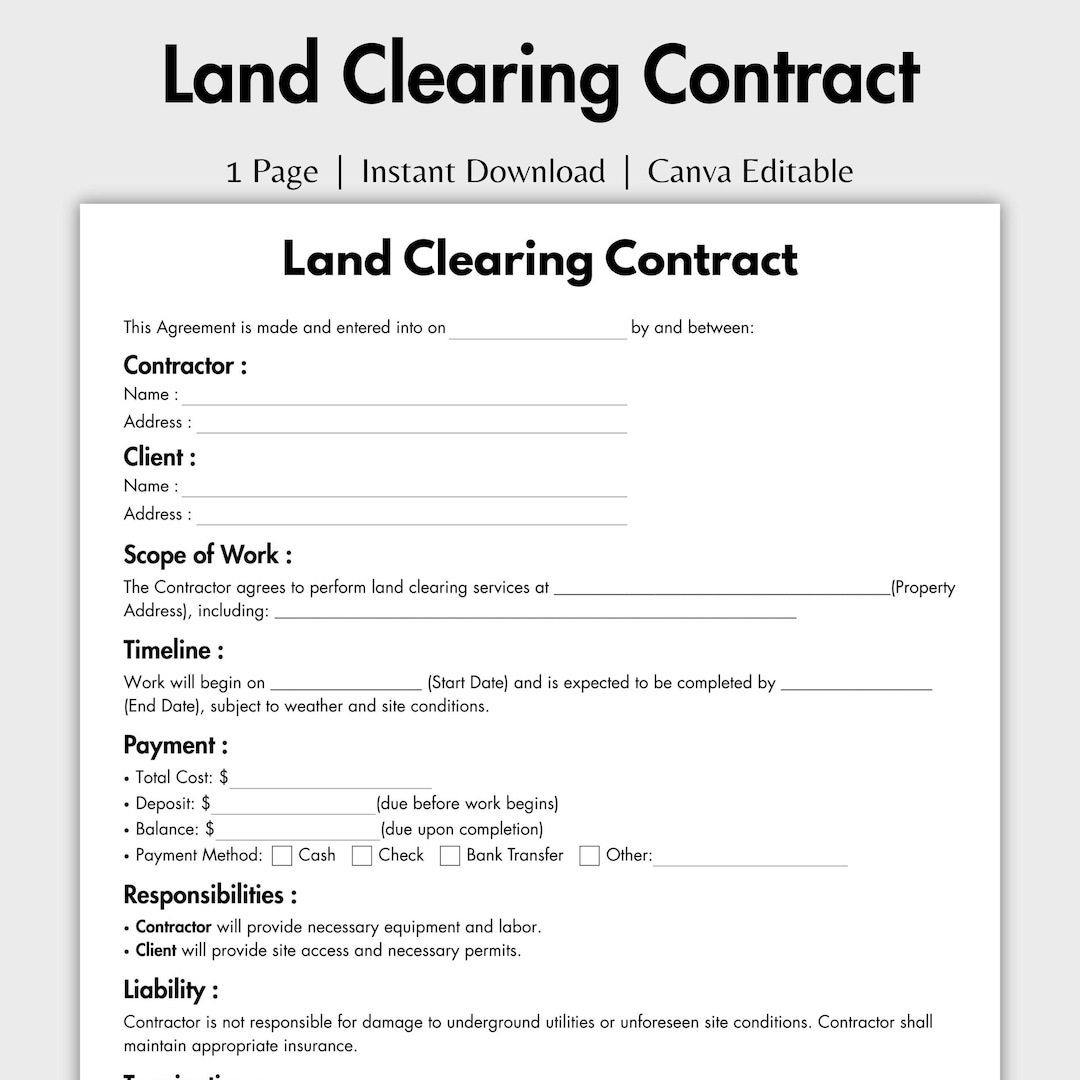 One Page Land Clearing Contract, Editable Land Management Document Form Template, Printable ...