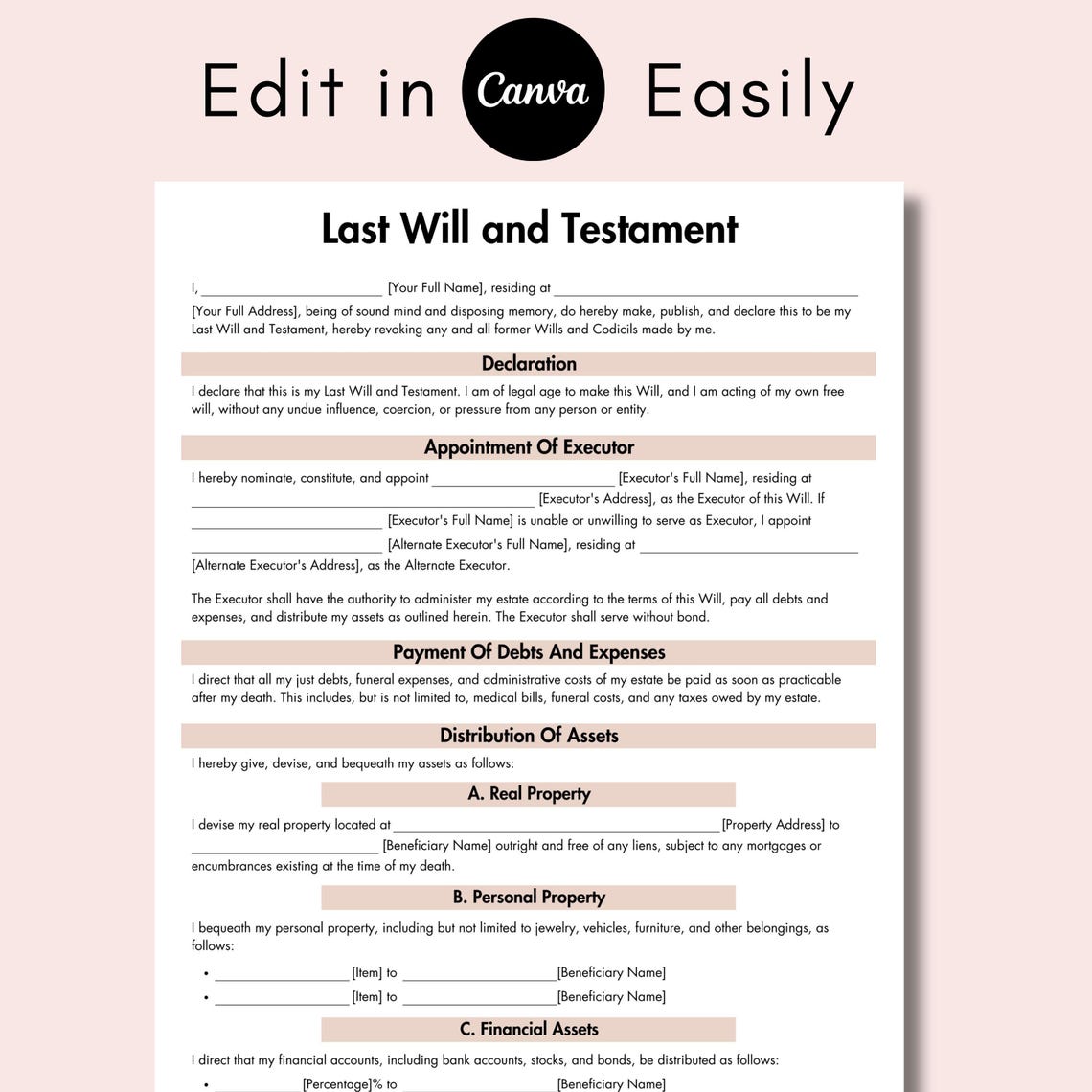 Last Will and Testament | Editable & Printable | Personalized Will and ...