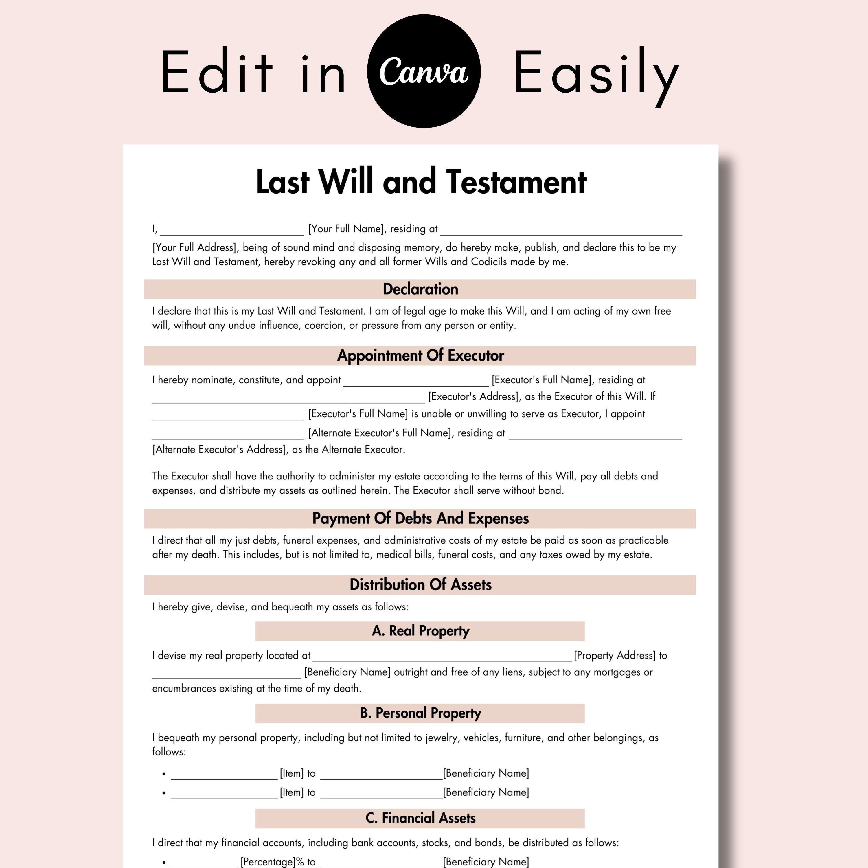 Last Will and Testament | Editable & Printable | Personalized Will and ...