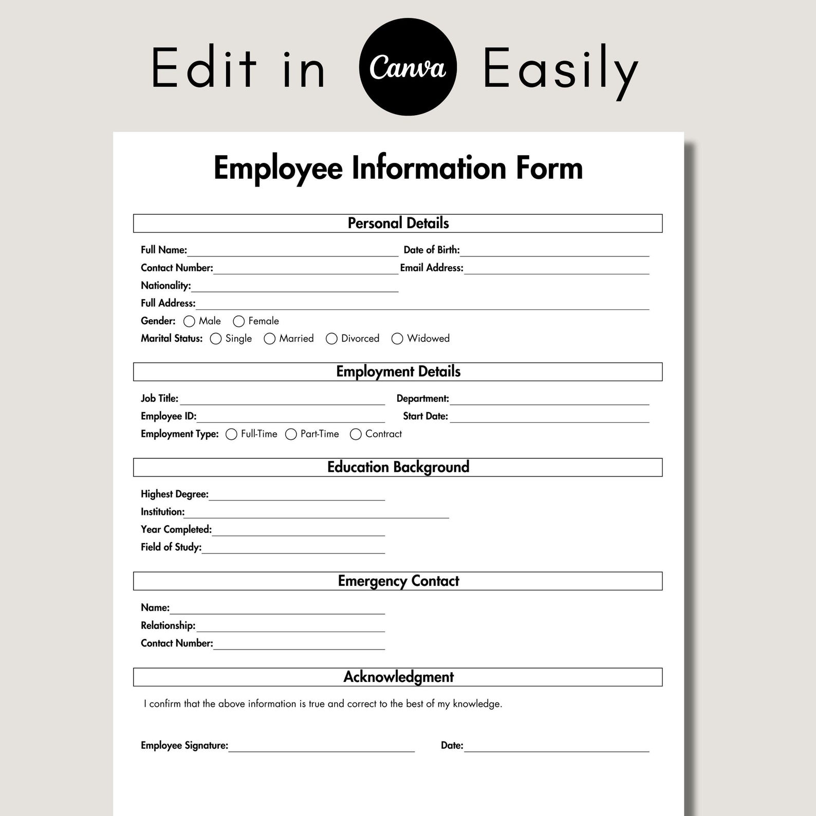 Editable Employee Information Form, HR Templates Employee Form, New ...