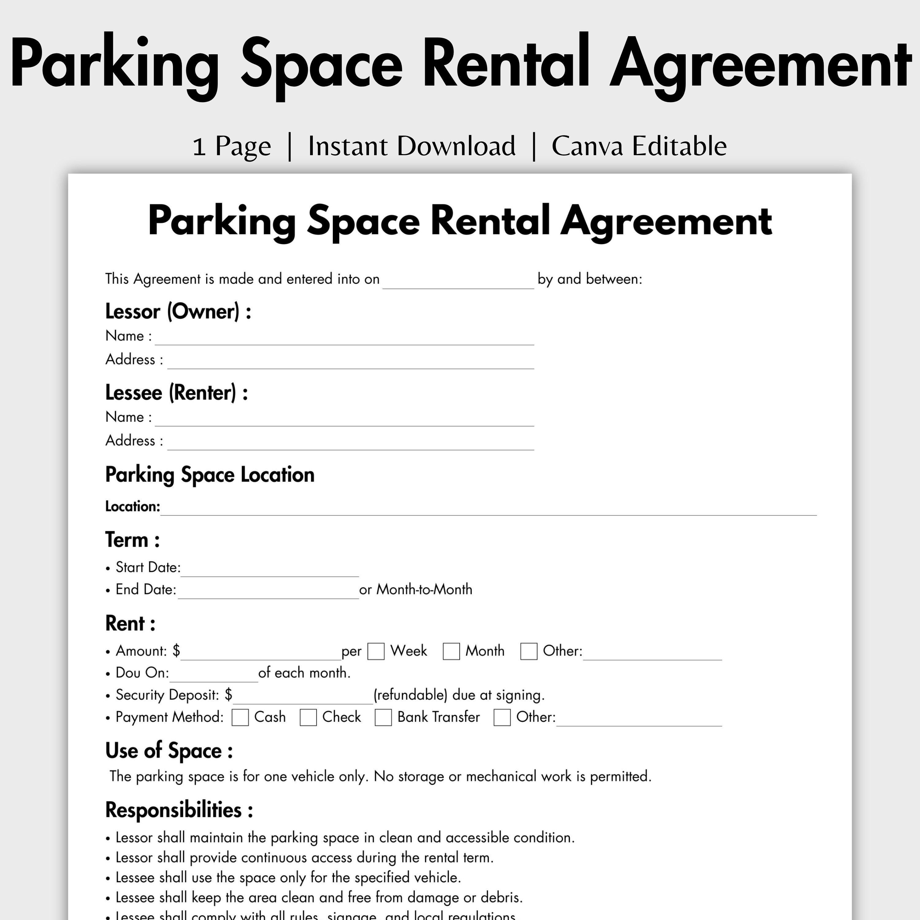 One Page Parking Space Rental Agreement, Editable Parking Permit Form Template, Printable RV ...