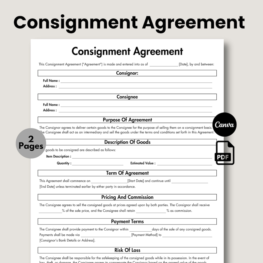 Editable Consignment Agreement Template, Consignment Contract, Shop ...