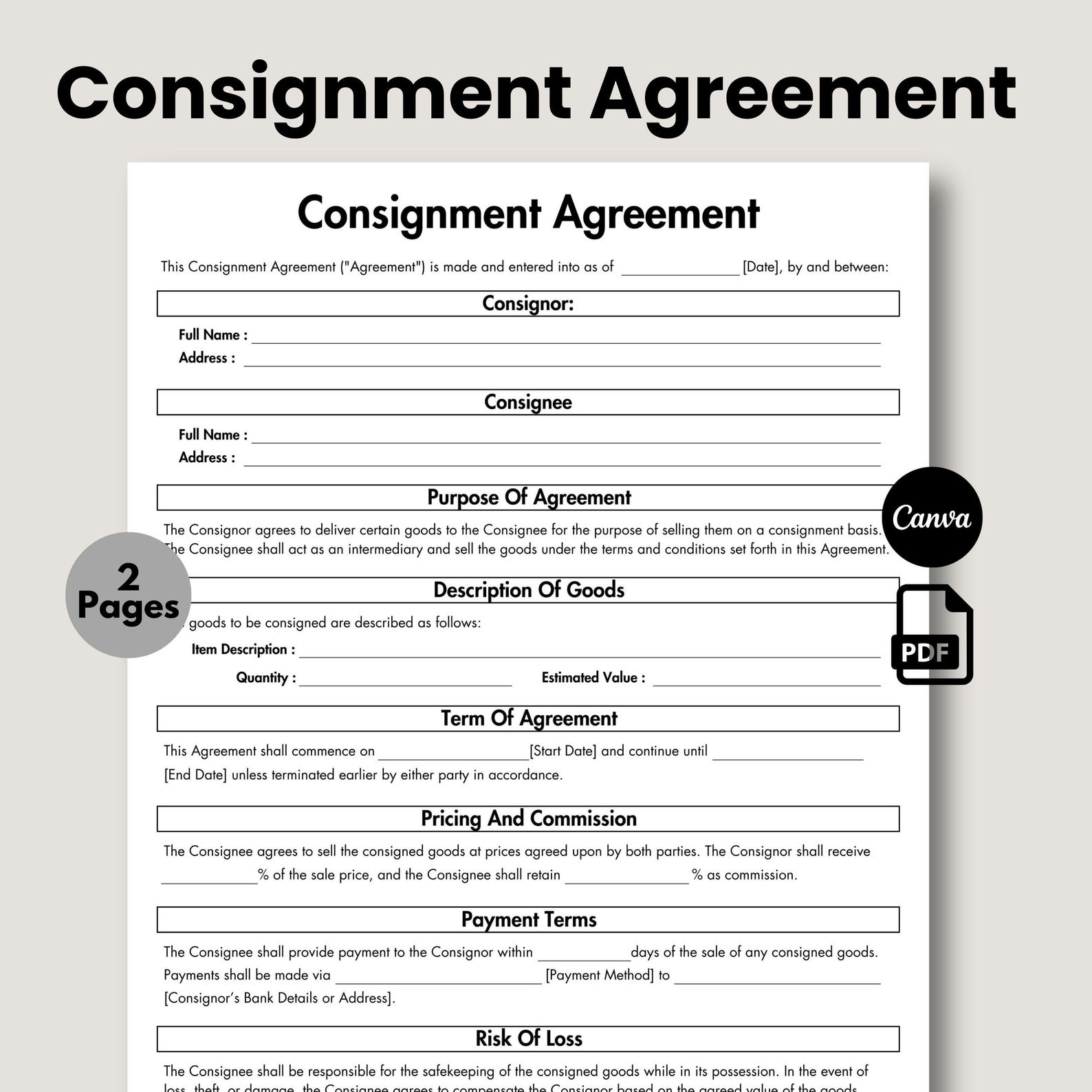Editable Consignment Agreement Template, Consignment Contract, Shop ...