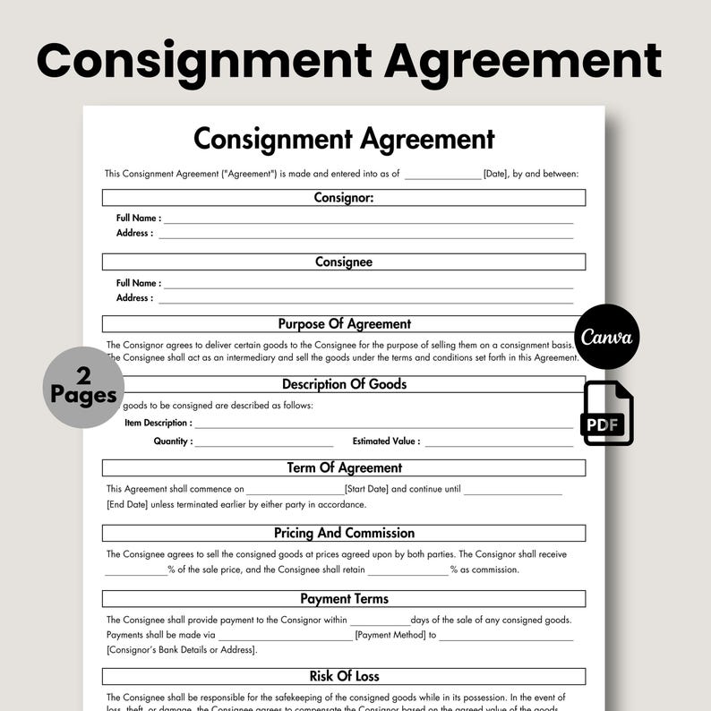 Editable Consignment Agreement Template, Consignment Contract, Shop Contract, Consignment Form ...