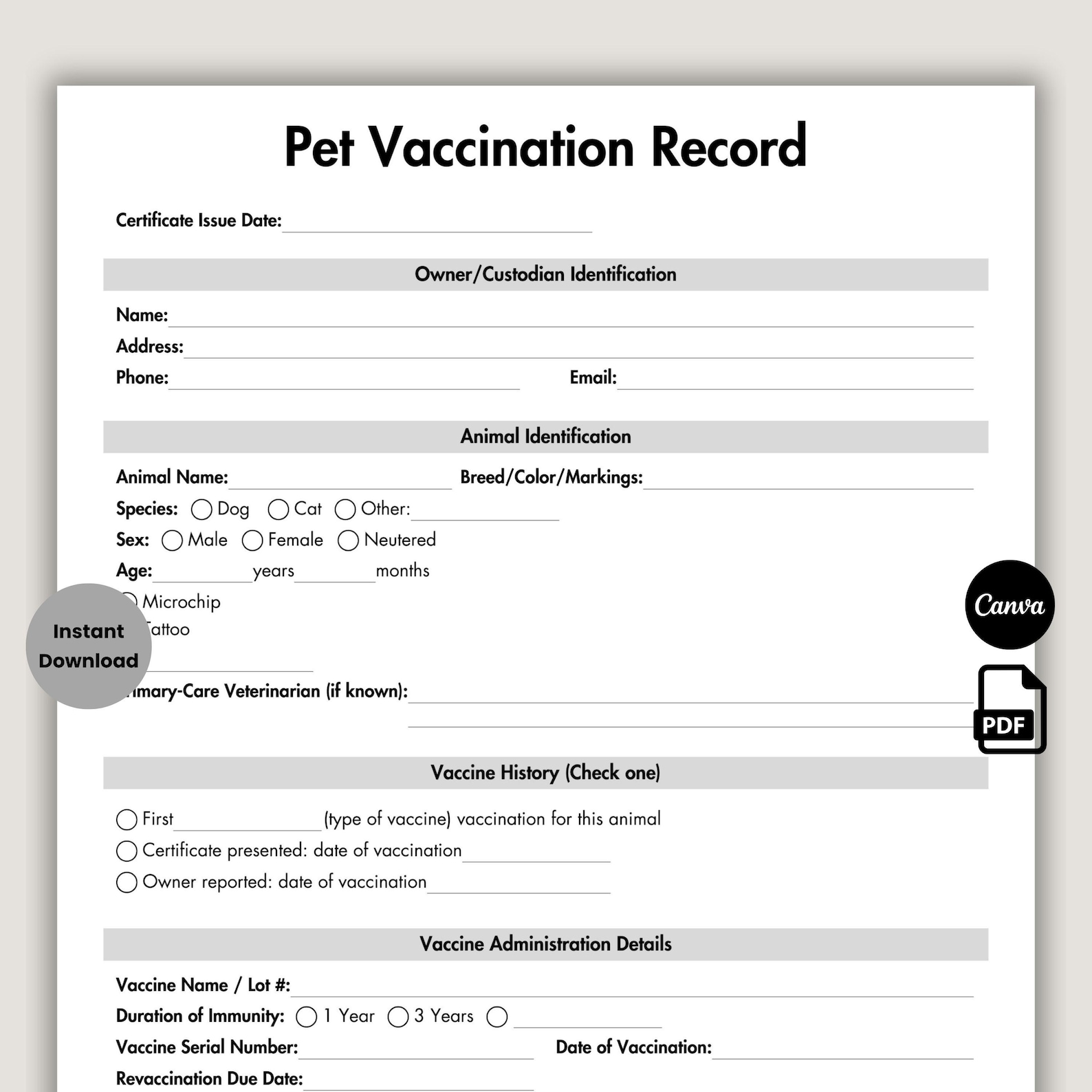 Pet Vaccination Record Template, Editable Puppy Vaccination Record Form ...