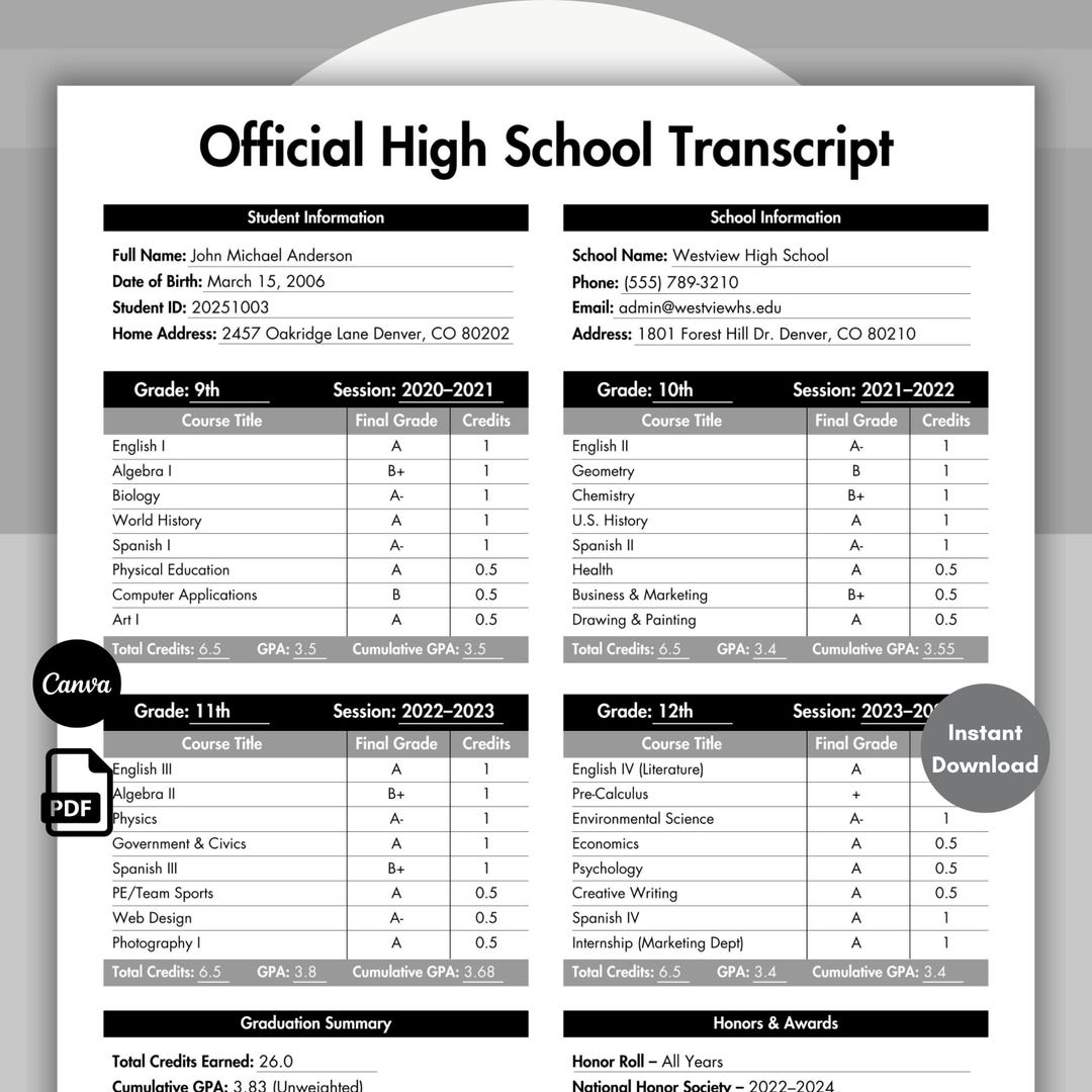 High School Transcript Template Black, Printable & Editable Home School ...