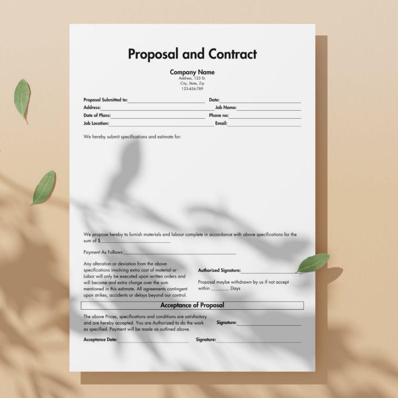 Editable Proposal and Contract Template, Job Proposal Form, Service Contract, Printable Quote ...