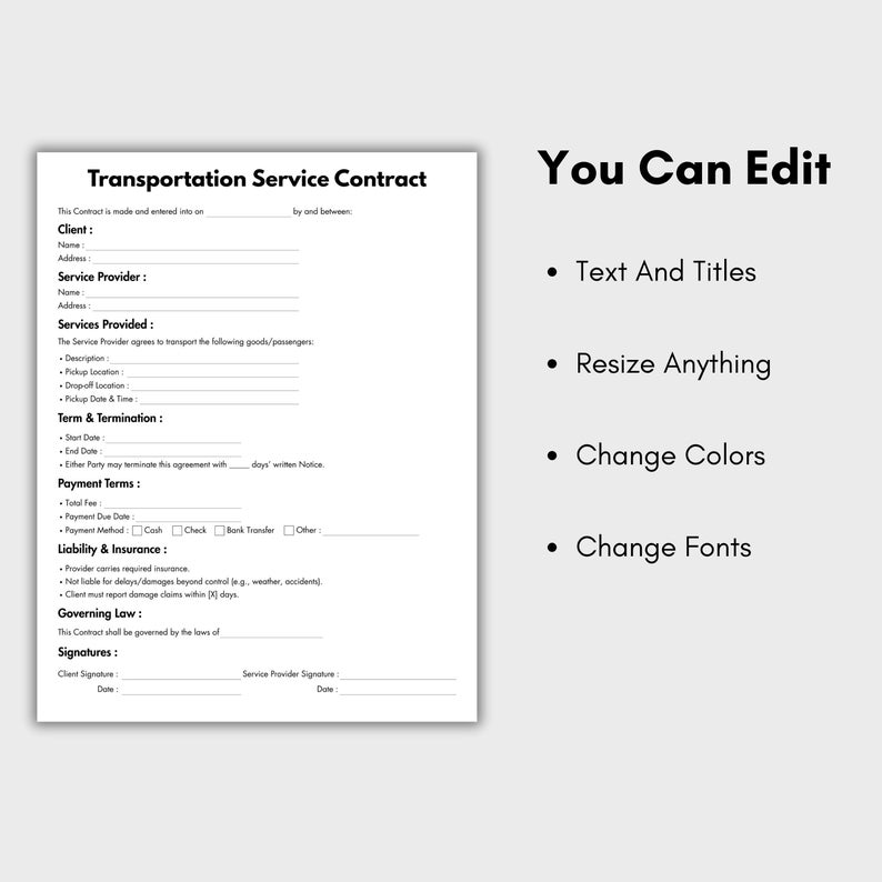 One Page Transportation Service Contract, Editable Transporter Contract ...