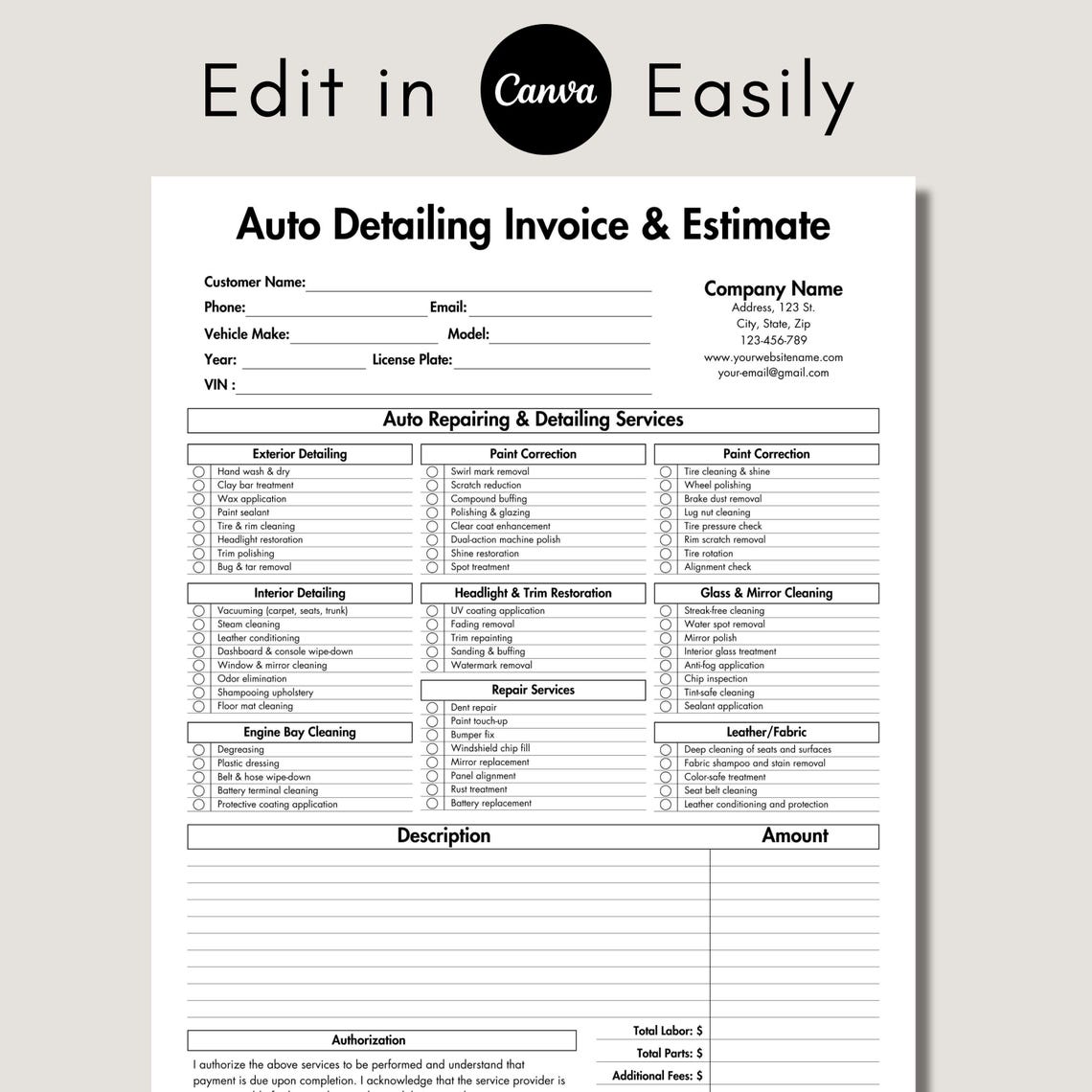 Editable Auto Detailing Invoice & Estimate, Printable Vehicle Detailing ...