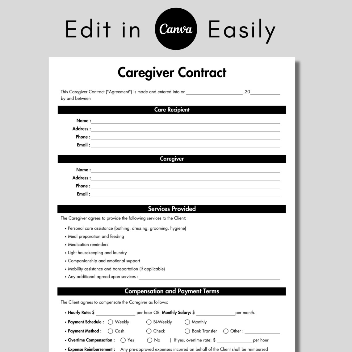 Editable Caregiving Agreement, Printable Homecare Contract, Caregiving ...