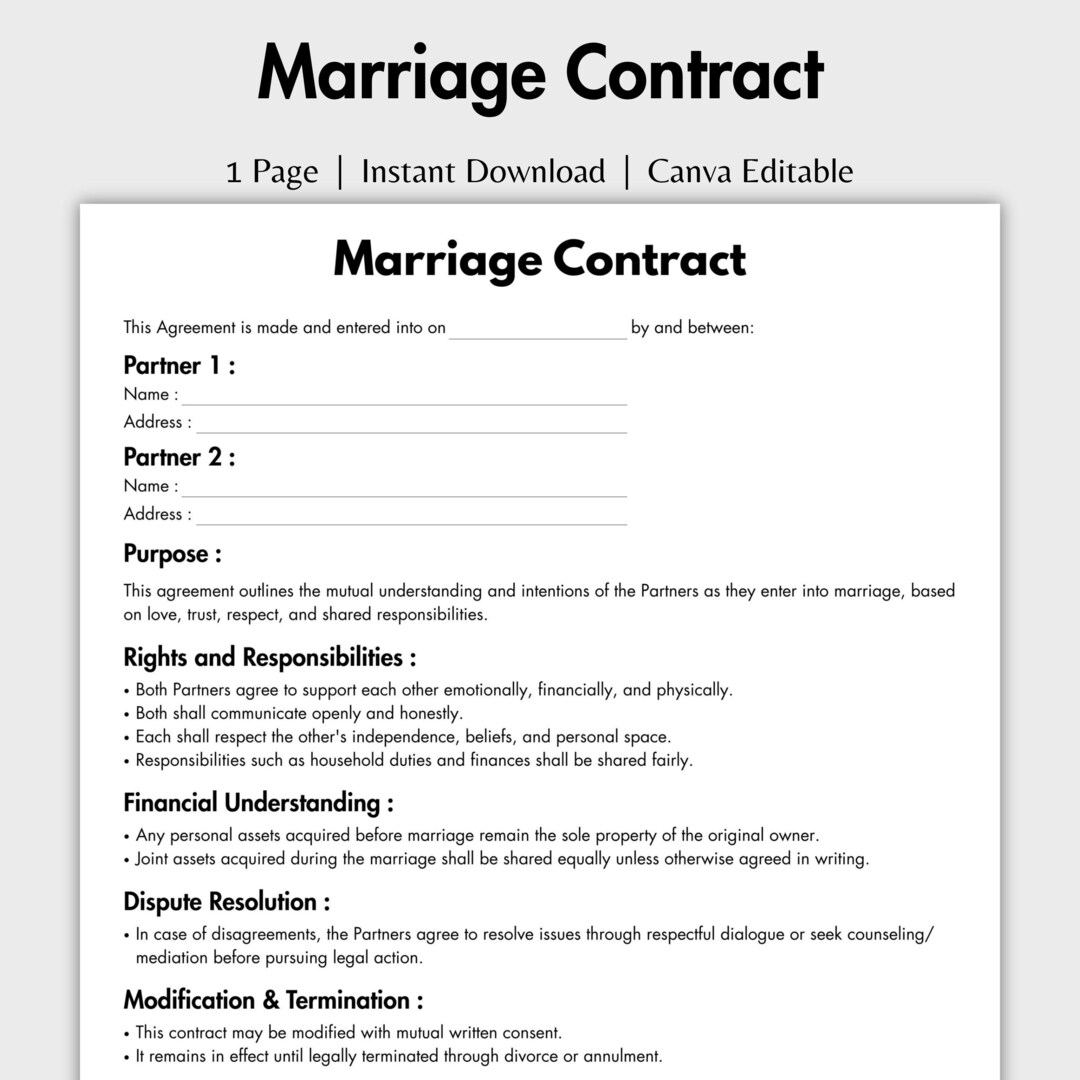 One Page Marriage Contract, Editable Couple Marriage Agreement Form ...