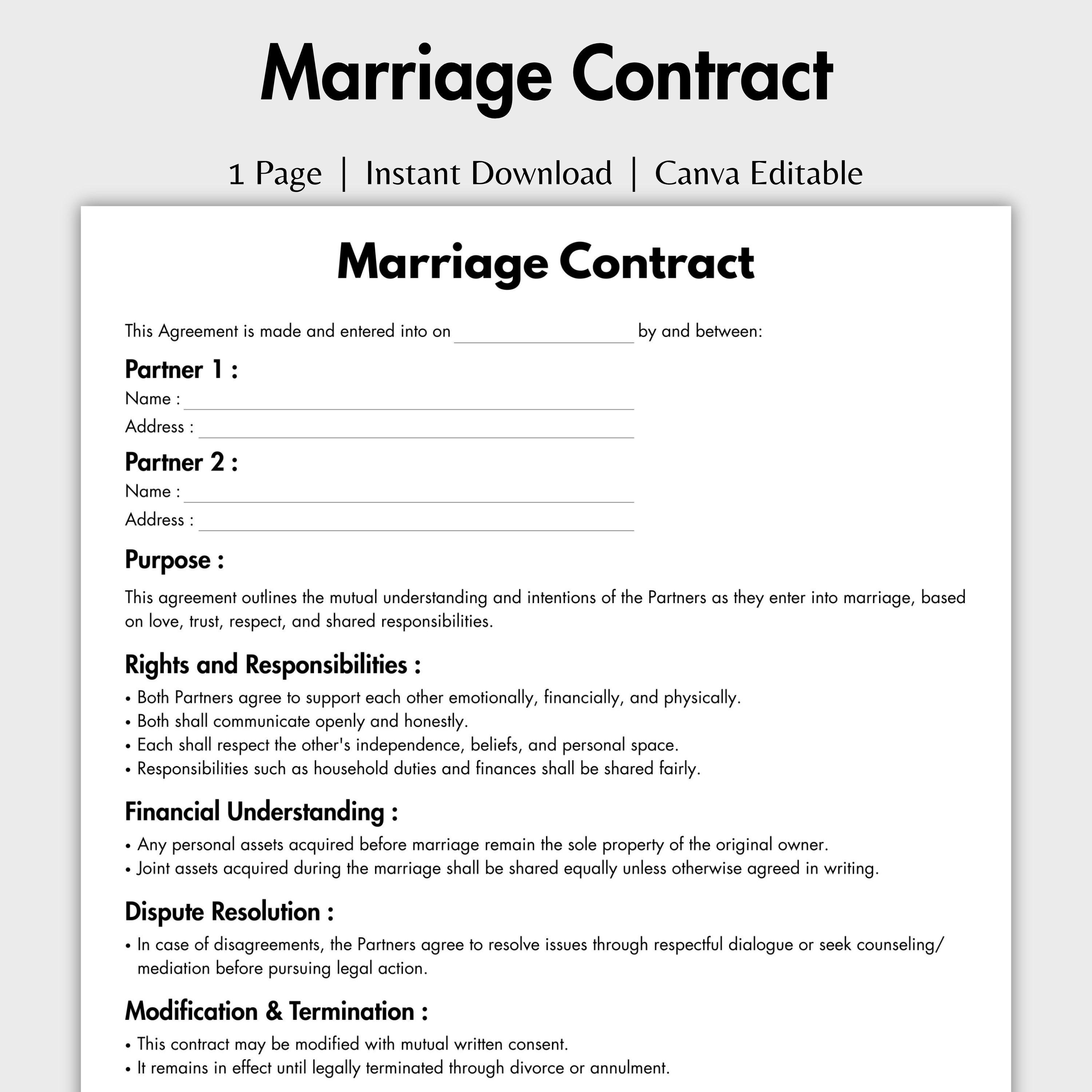 One Page Marriage Contract, Editable Couple Marriage Agreement Form ...