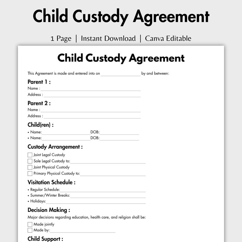 One Page Child Custody Agreement, Editable 50/50 Joint Custody ...