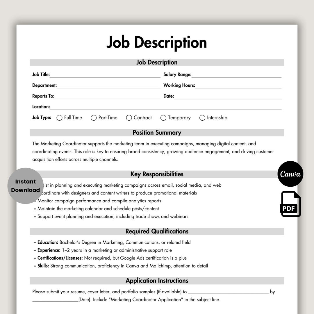 Job Description Template, Editable Job Description Form, HR Template ...