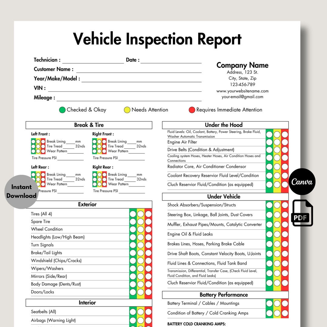 Vehicle Inspection Report, Printable & Editable Car or Equipment Rental ...