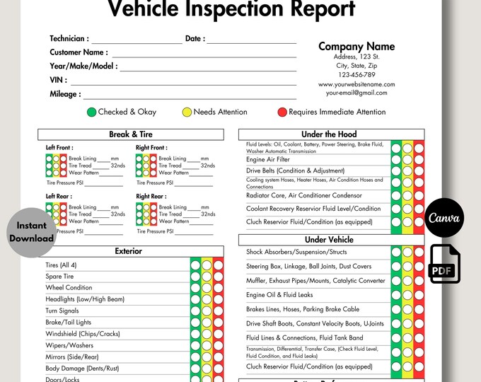 PDF Printable Vehicle Inspection Report, Used Vehicle Inspection Sheet ...