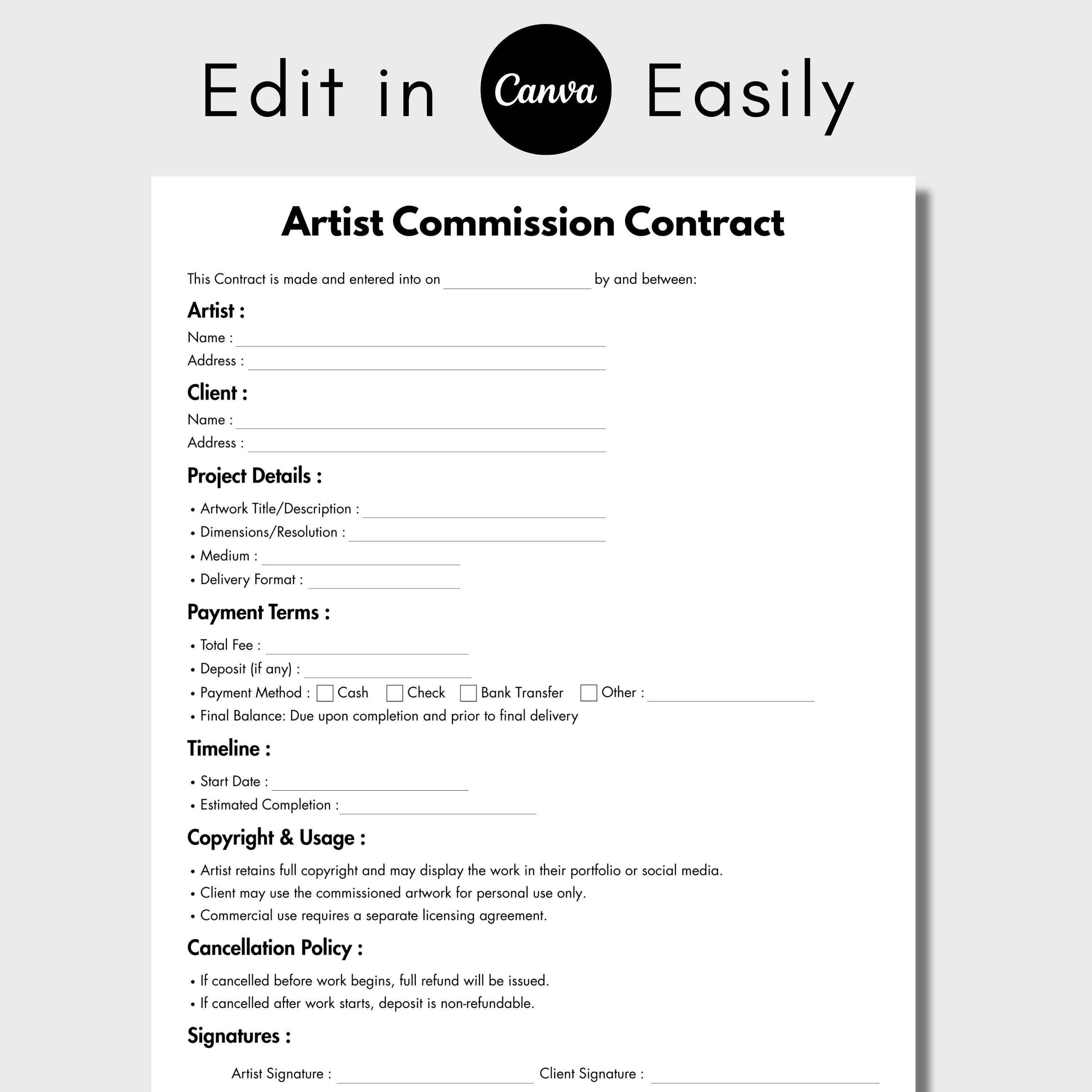 One Page Artist Commission Contract, Editable Agreement for Art ...