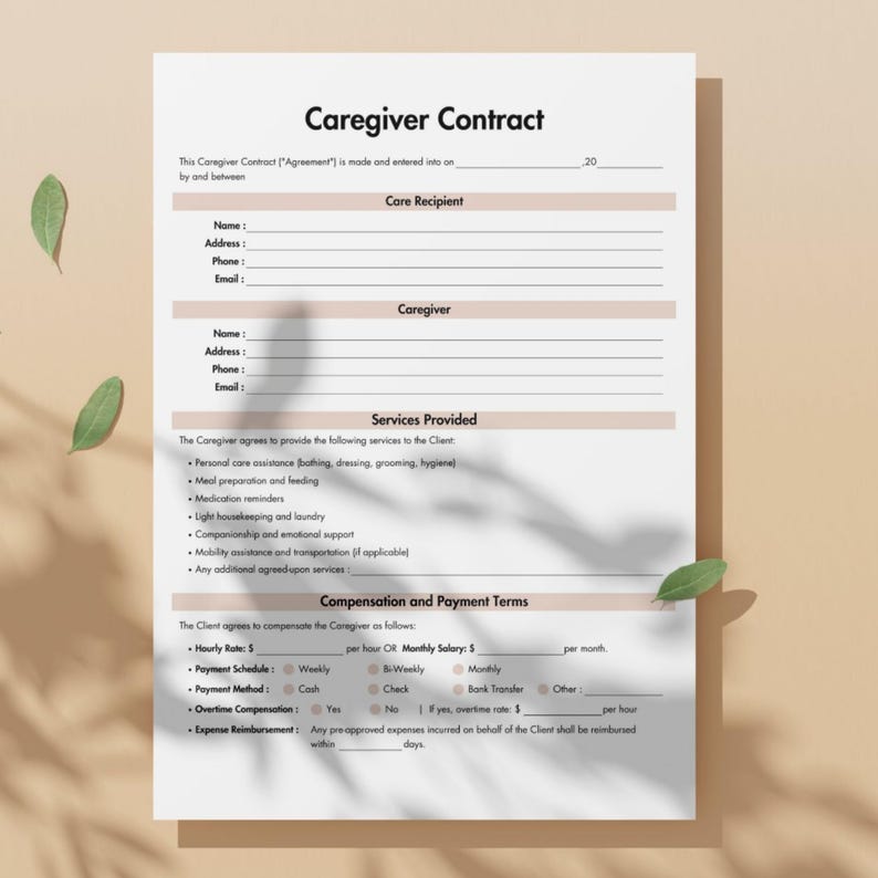 Caregiving Contract, Homecare Agreement, Editable Caregiving Employment ...