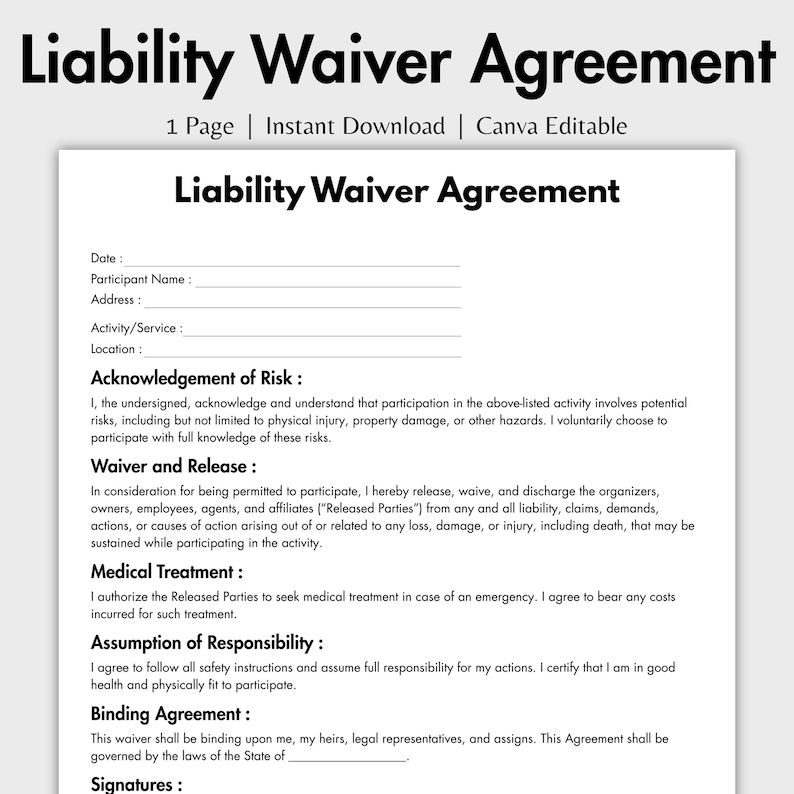 One Page Liability Waiver Agreement, Editable Release of Liability Form ...
