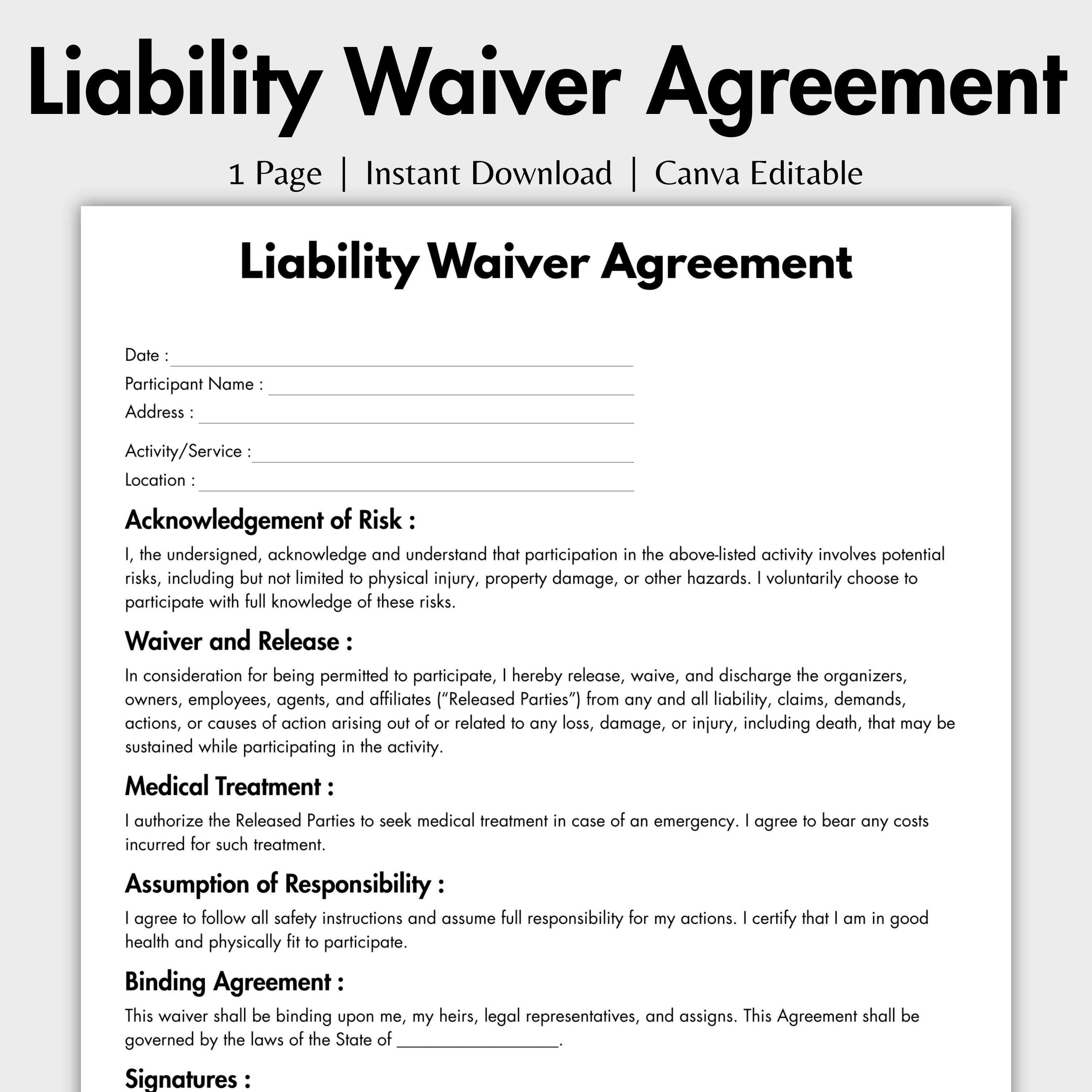 One Page Liability Waiver Agreement, Editable Release of Liability Form ...