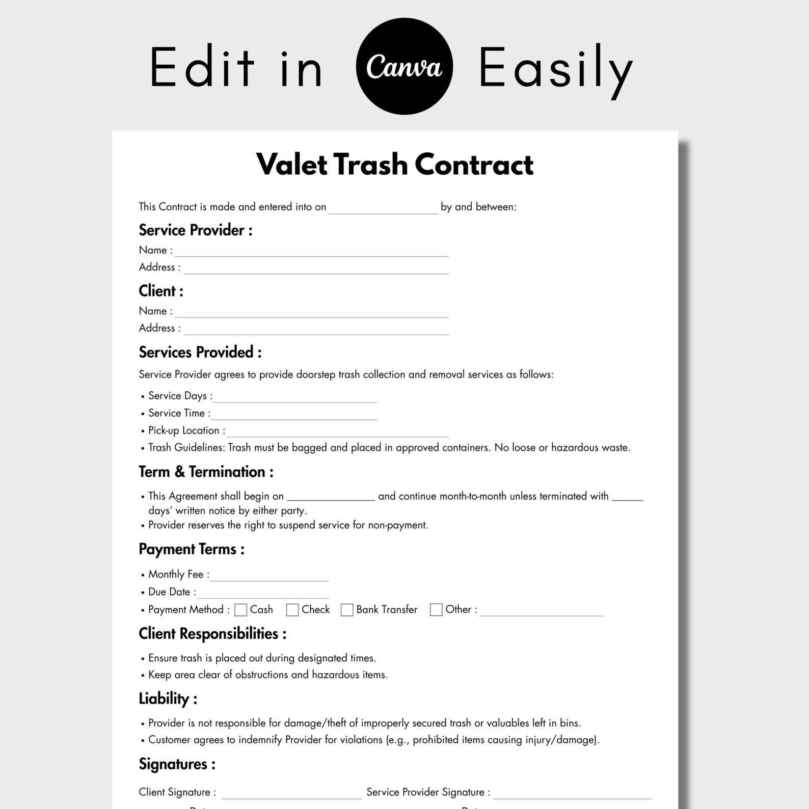 One Page Valet Trash Contract, Editable Rubbish Bin Collection Services ...