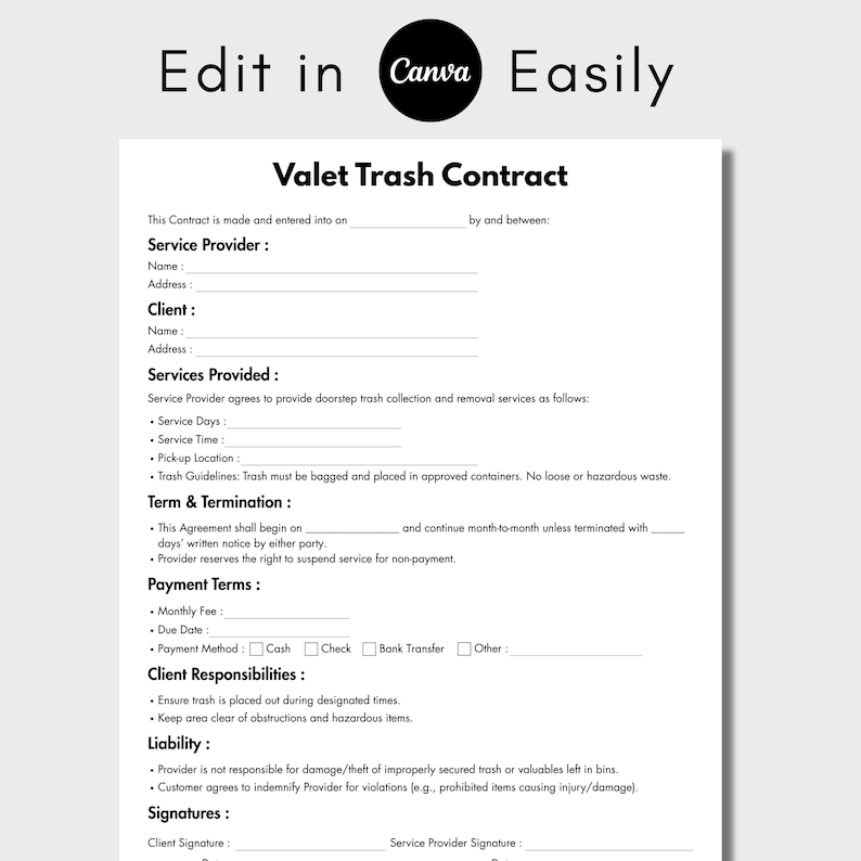 One Page Valet Trash Contract, Editable Rubbish Bin Collection Services ...