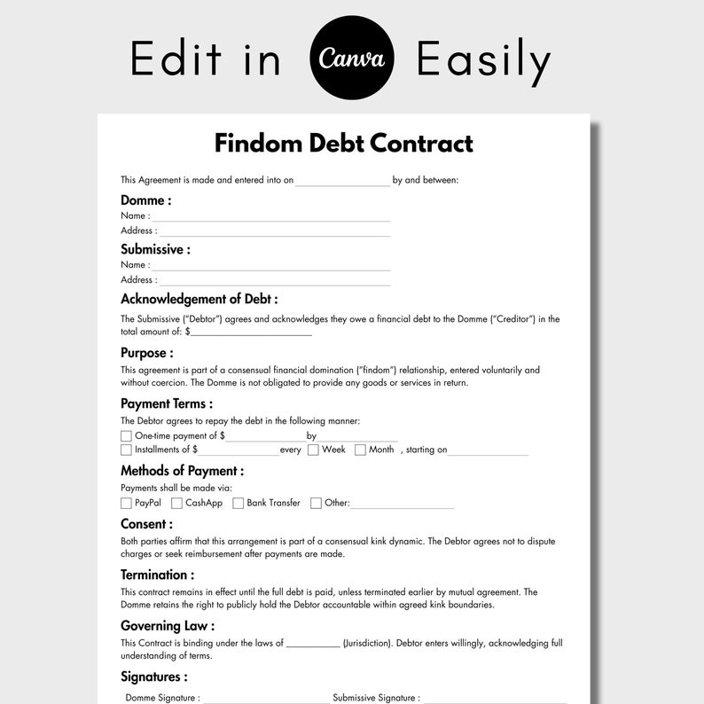 One Page Findom Debt Contract, Editable Findom Debt Agreement Form ...