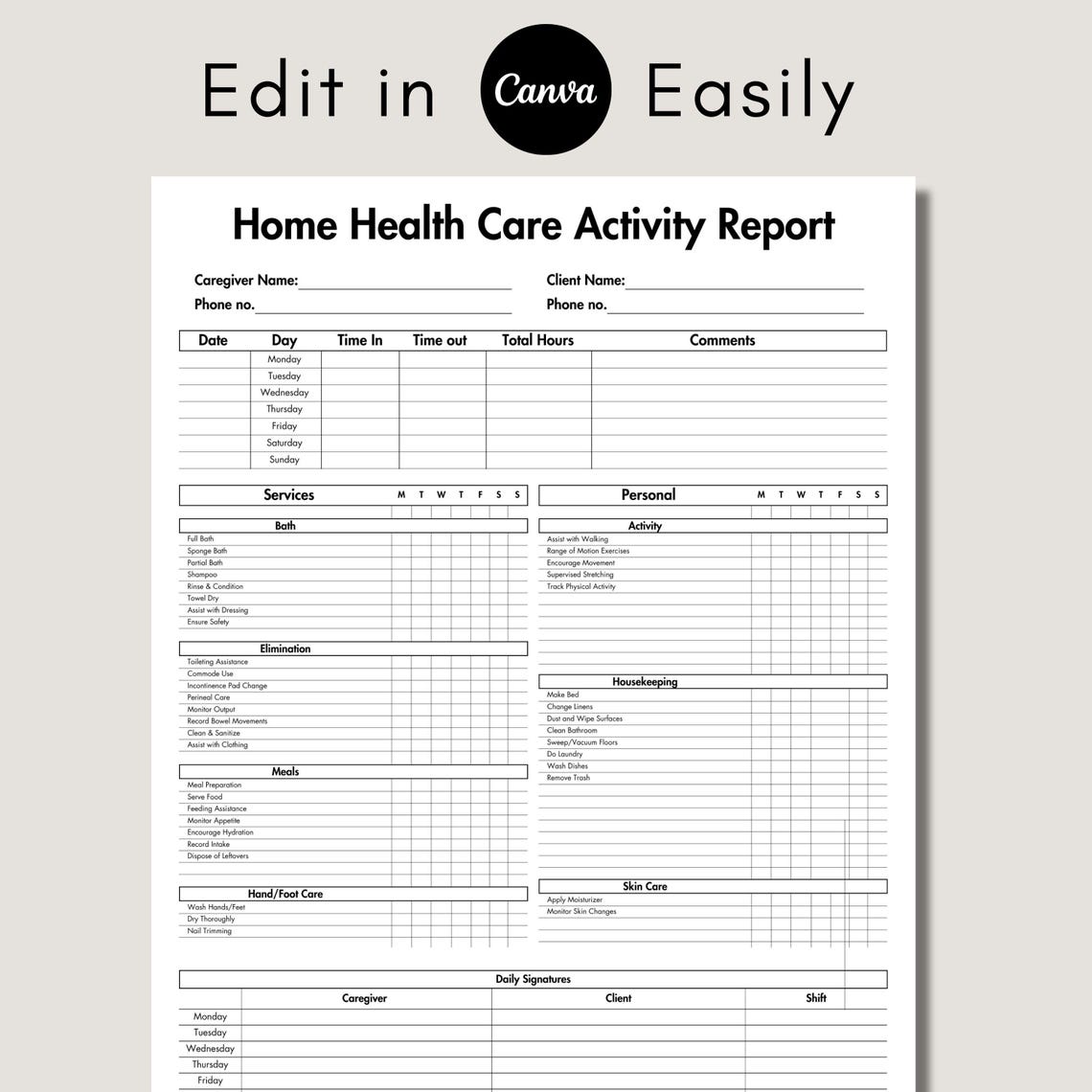 Editable Home Health Caregiver Activity Report, Caregiver Checklist ...