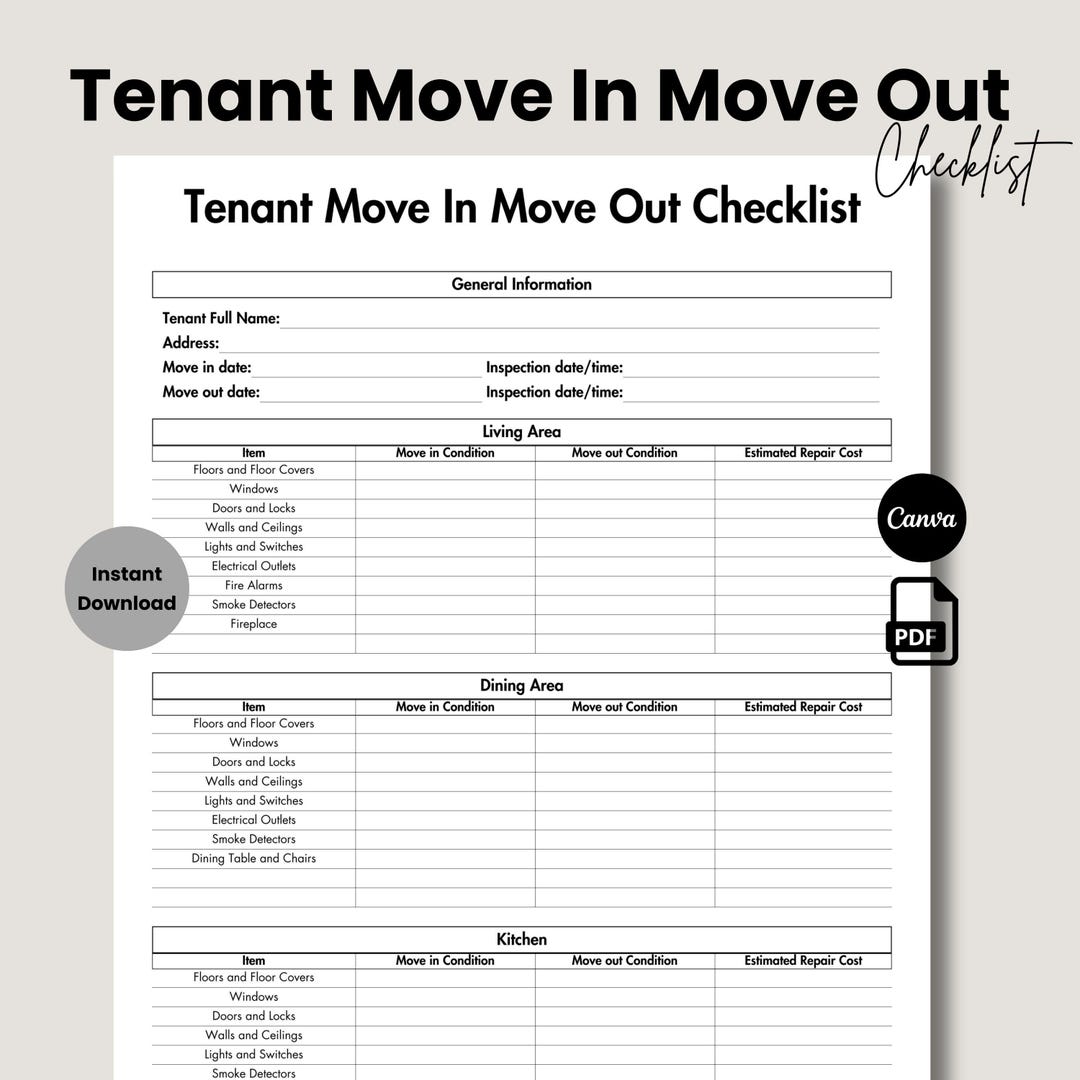 Tenant Move in Move Out Checklist Template, Printable Landlord ...