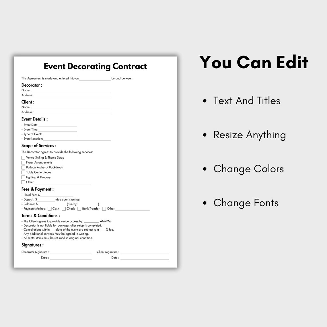 One Page Event Decorating Contract, Editable Event Planning Service ...