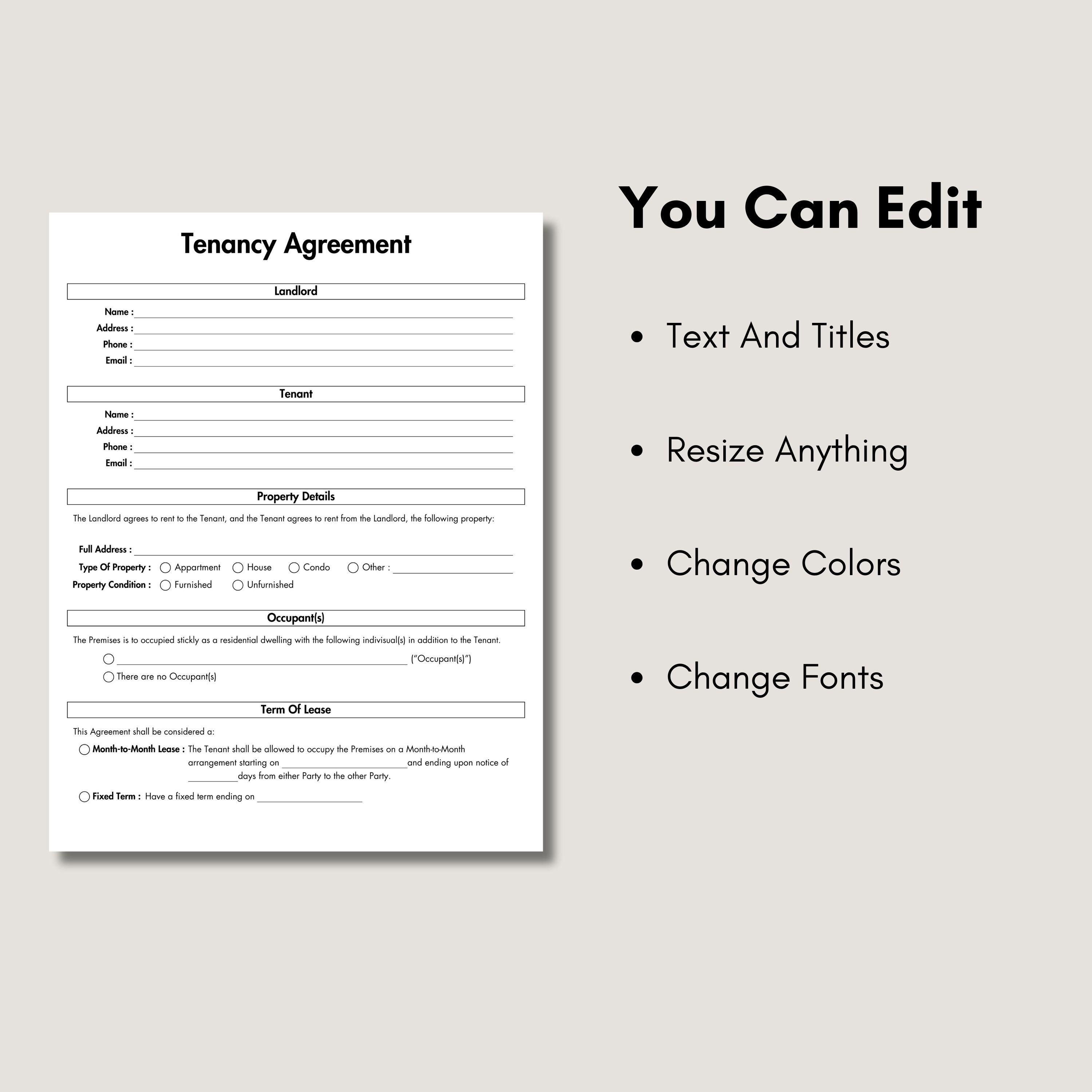 Tenancy Agreement, Editable & Printable Rental Agreement, Simple ...