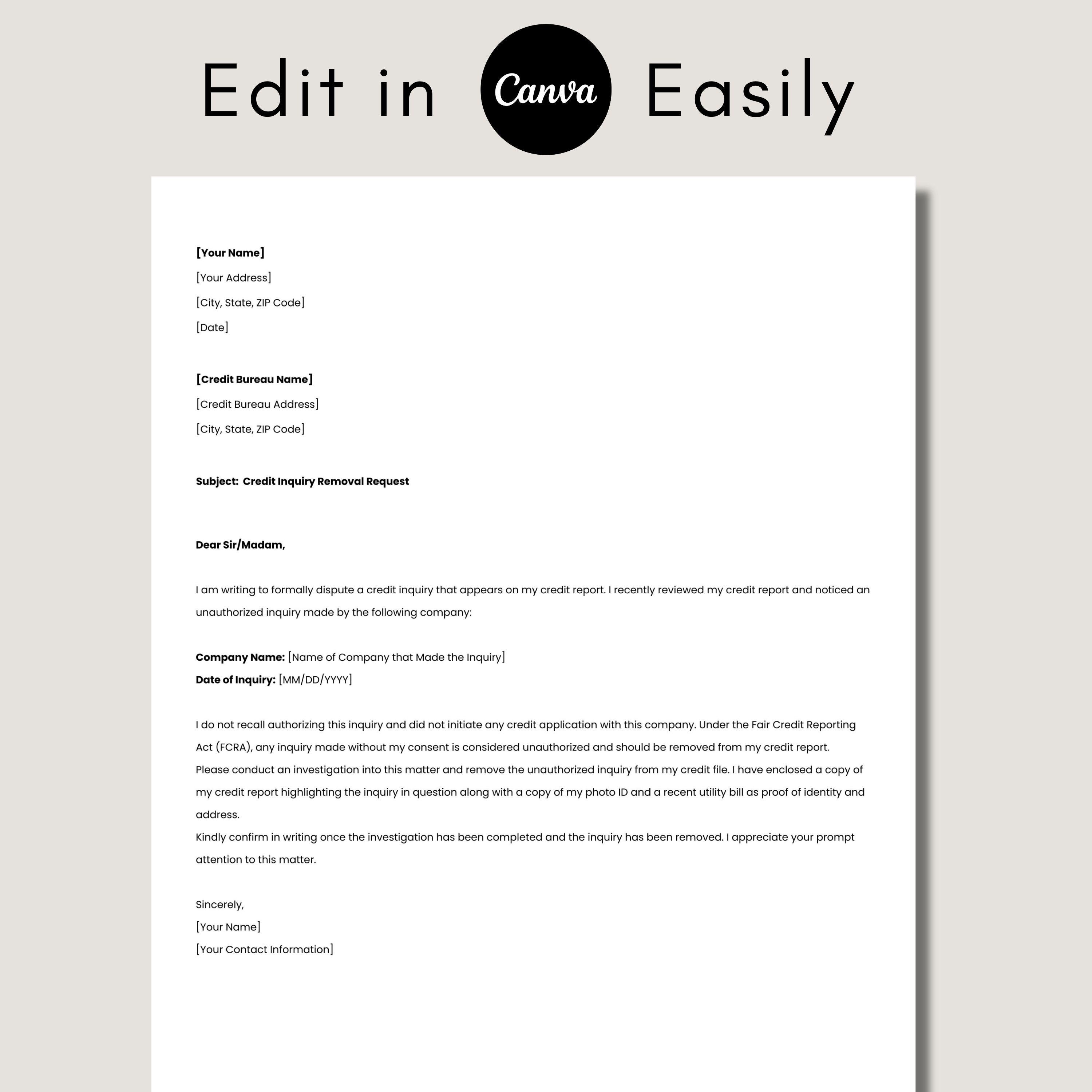 Editable Credit Inquiry Removal Letter, Printable Credit Repair Letter ...