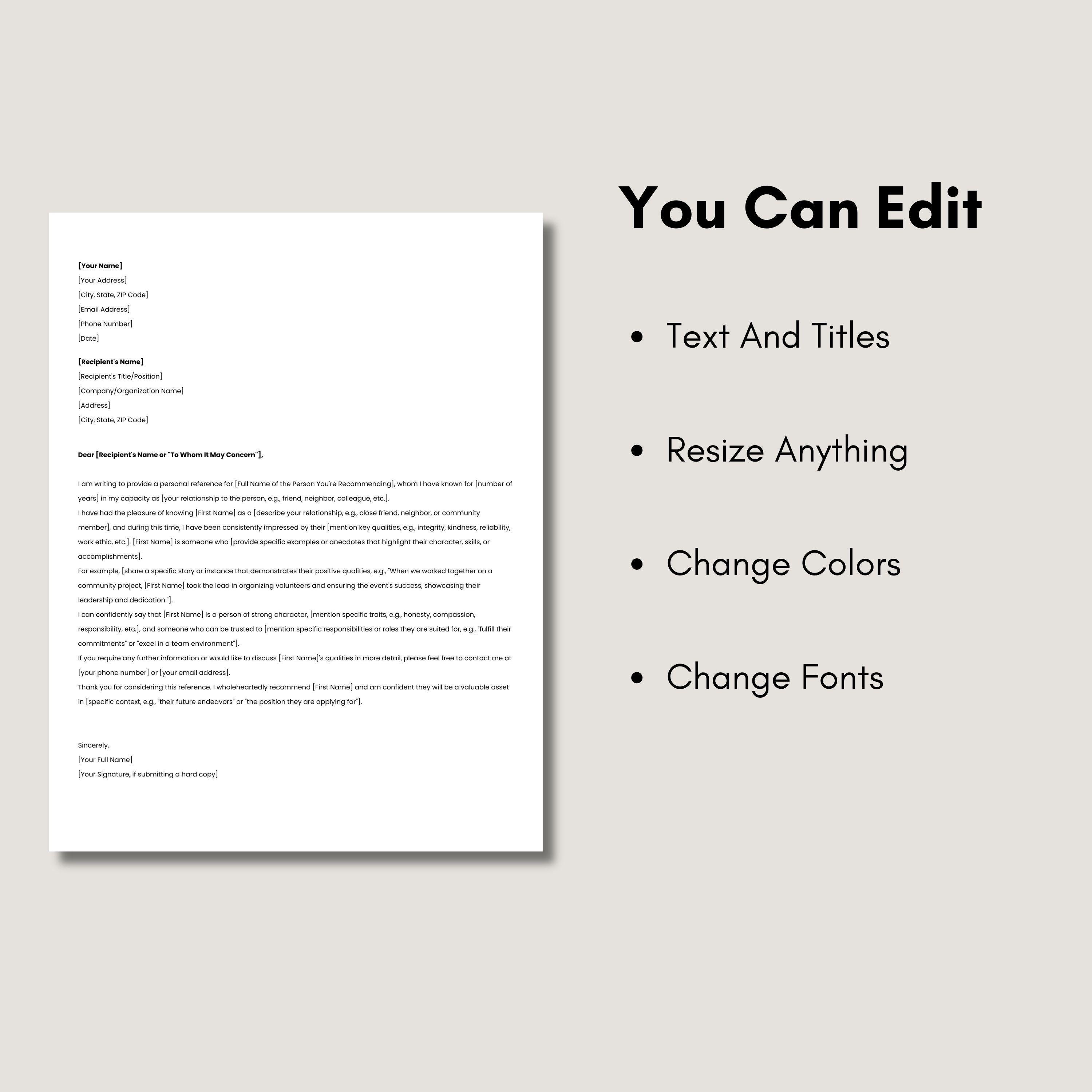 Editable Personal Reference Letter Template, Printable Letter of ...