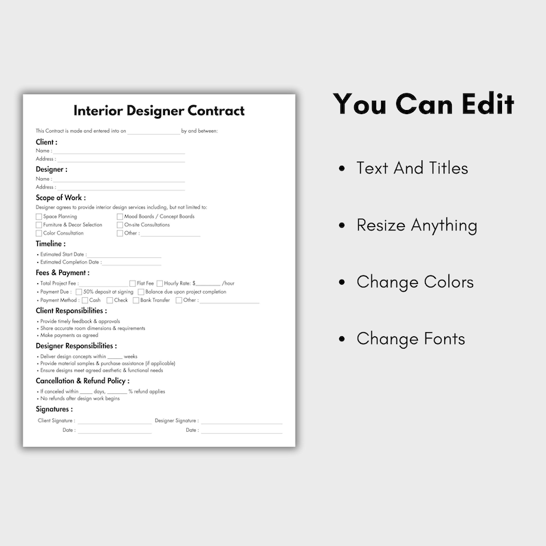 One Page Interior Designer Contract, Editable Interior Decorating Form ...
