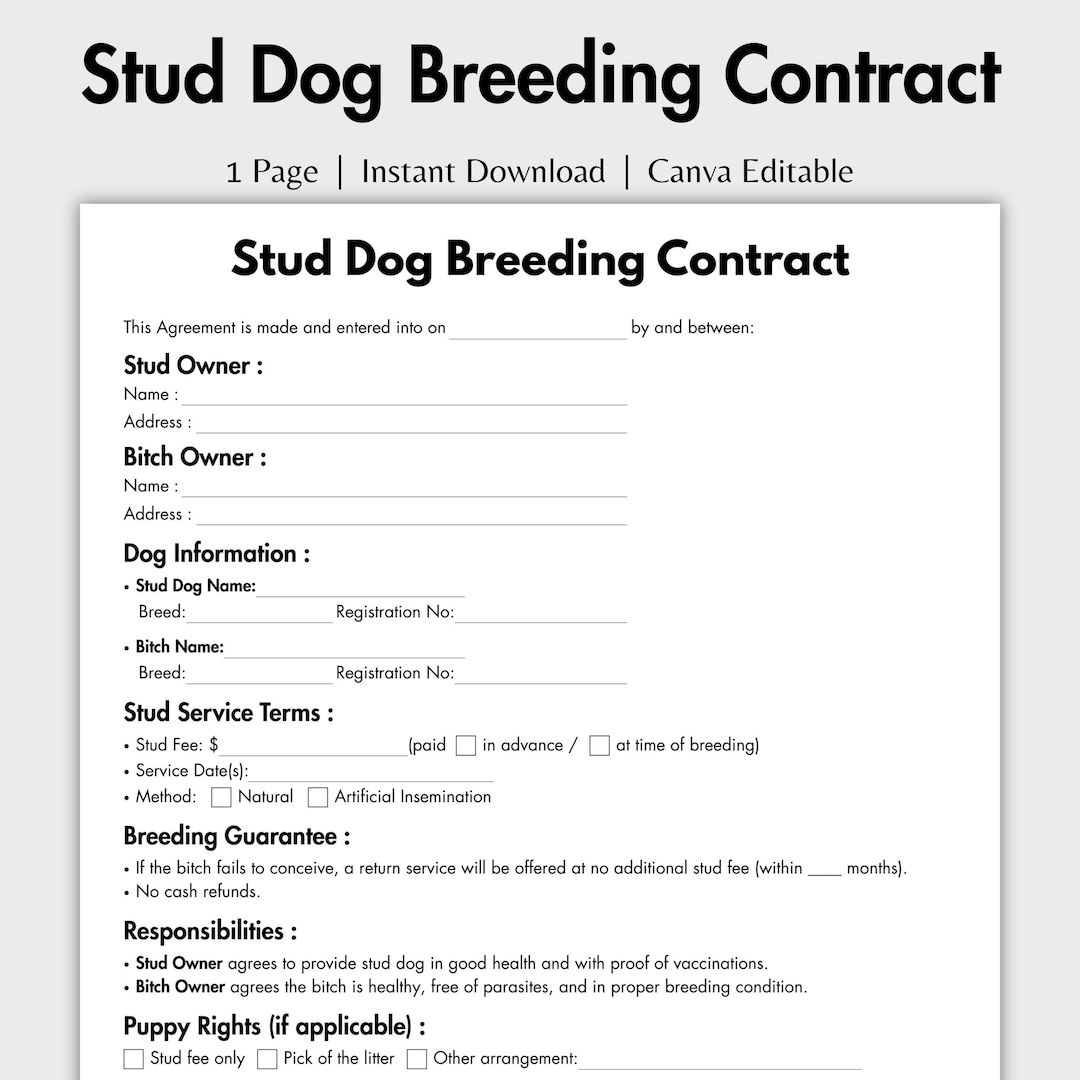 One Page Stud Dog Breeding Contract, Editable Canine Stud Dog Form ...