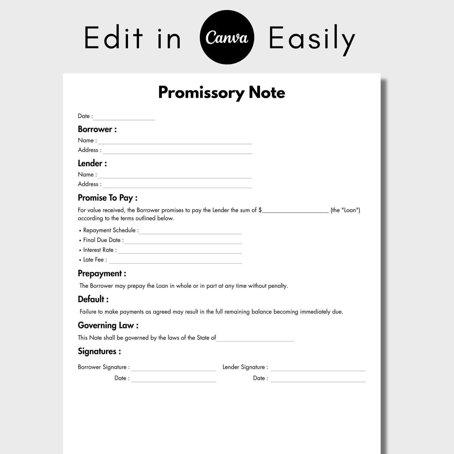 One Page Promissory Note, Editable Personal Loan Agreement Template ...