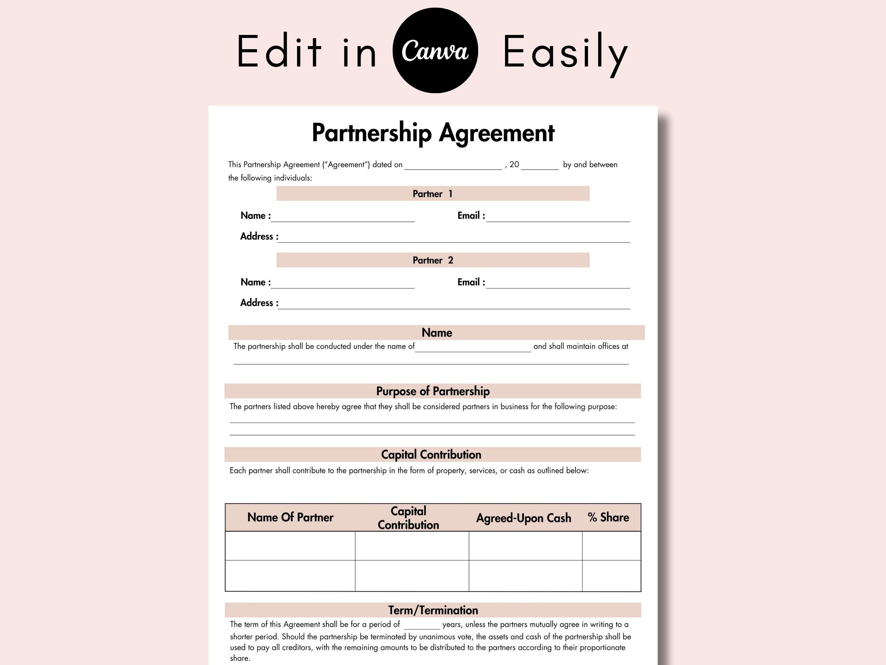Partnership Agreement Template, Printable & Editable Agreement for LLC ...