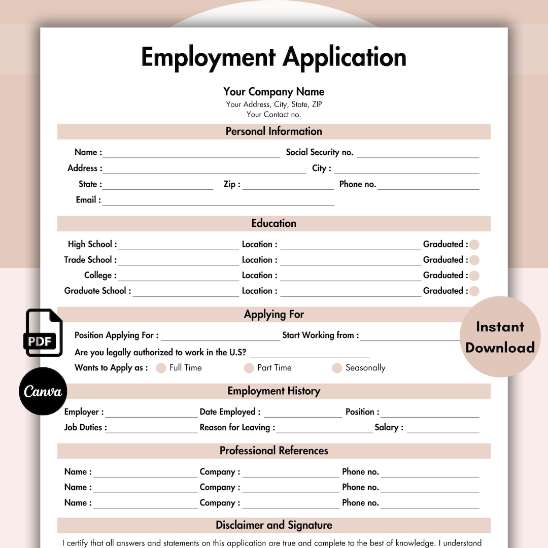 Employee Application, Application for Employment, Editable Job ...