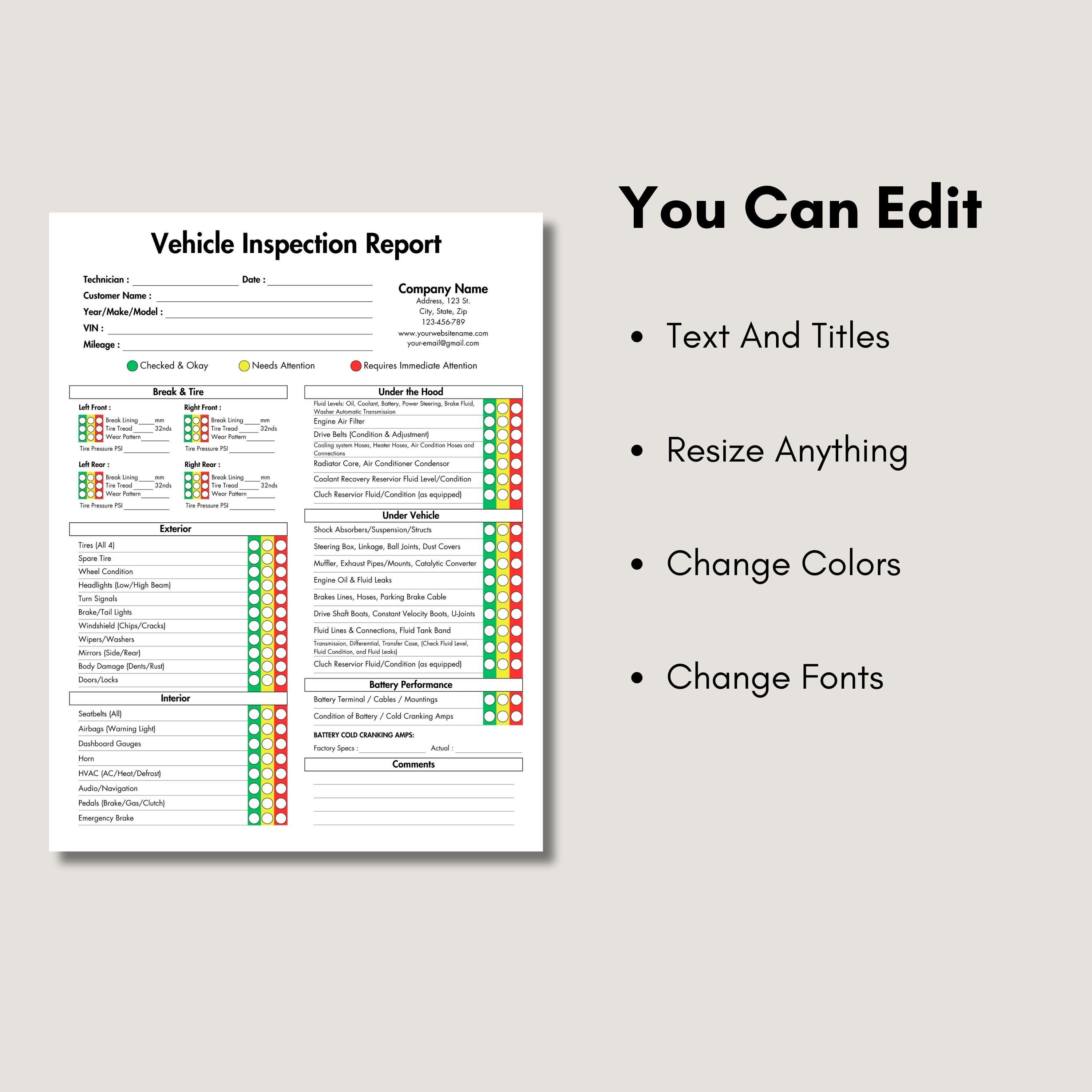 Vehicle Inspection Report, Printable & Editable Car or Equipment Rental ...