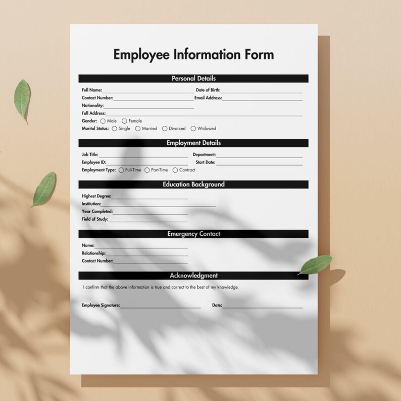 Employee Information Form Black, New Hire Paperwork, HR Template ...