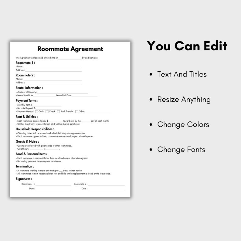 One Page Roommate Agreement, Editable Roommate Rental Contract Form ...