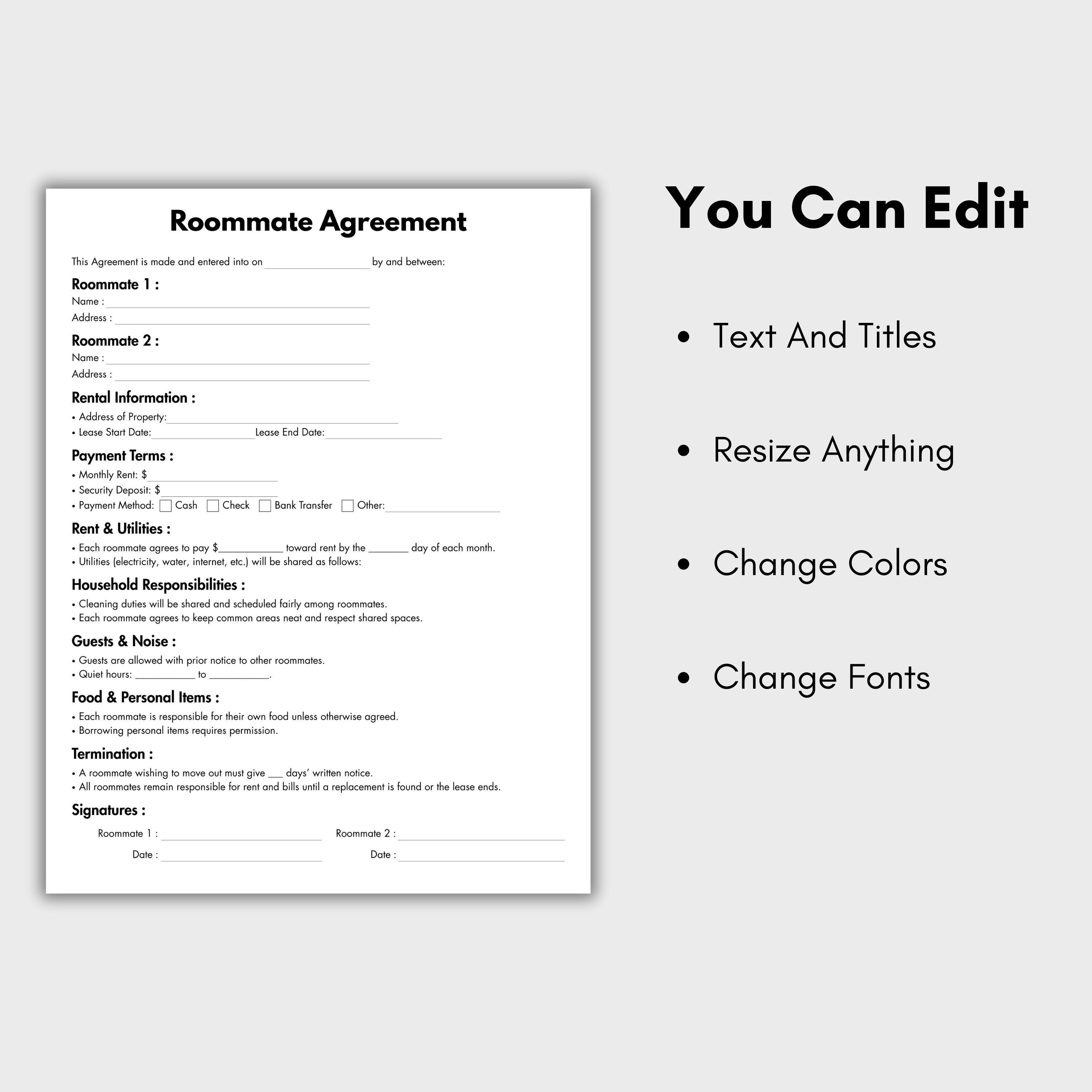 One Page Roommate Agreement, Editable Roommate Rental Contract Form ...