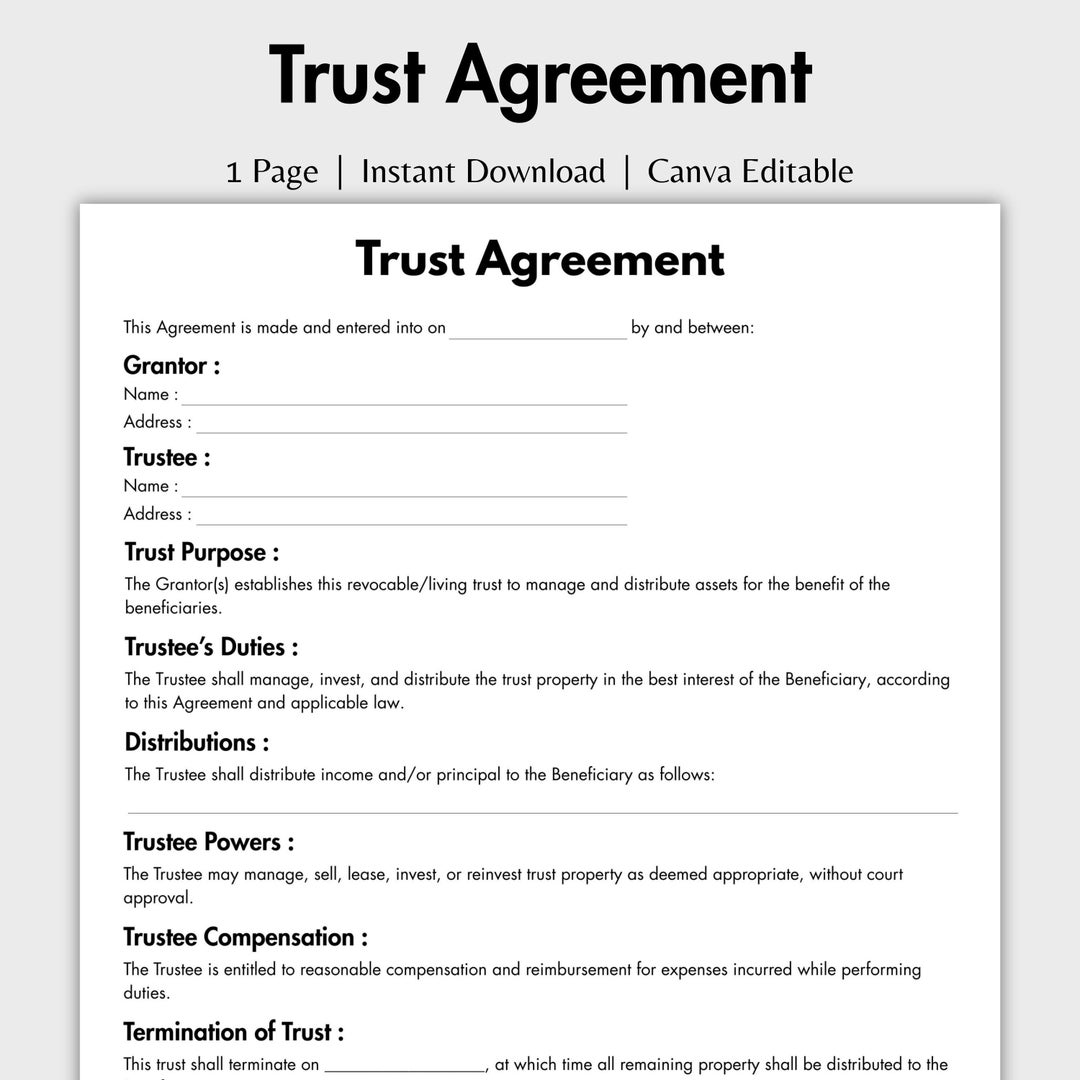 One Page Trust Agreement, Editable Trust Contract Form Template, Printable Trust Document Canva ...