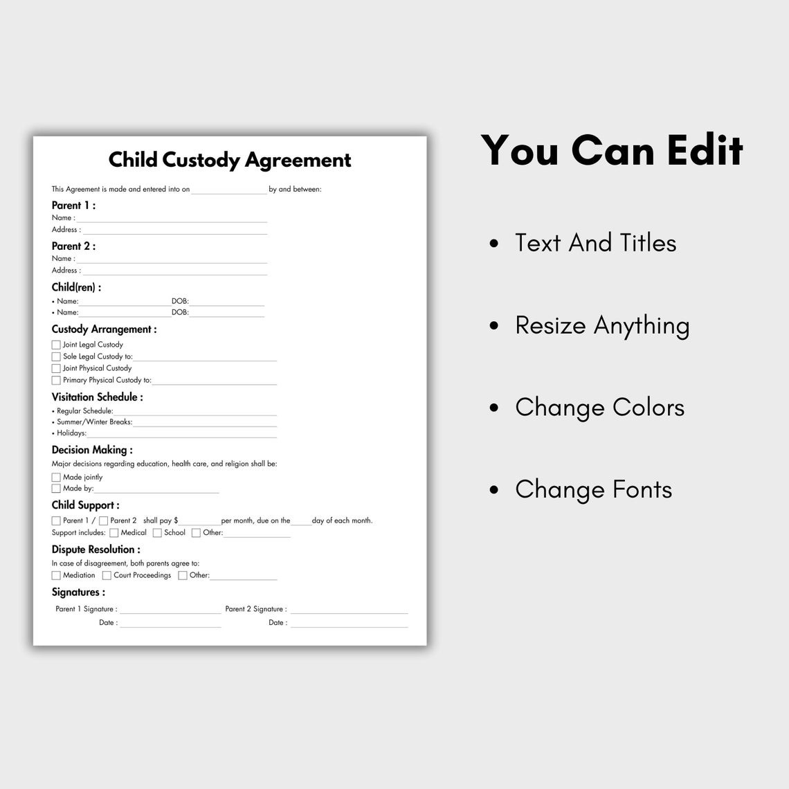 One Page Child Custody Agreement, Editable 50/50 Joint Custody ...