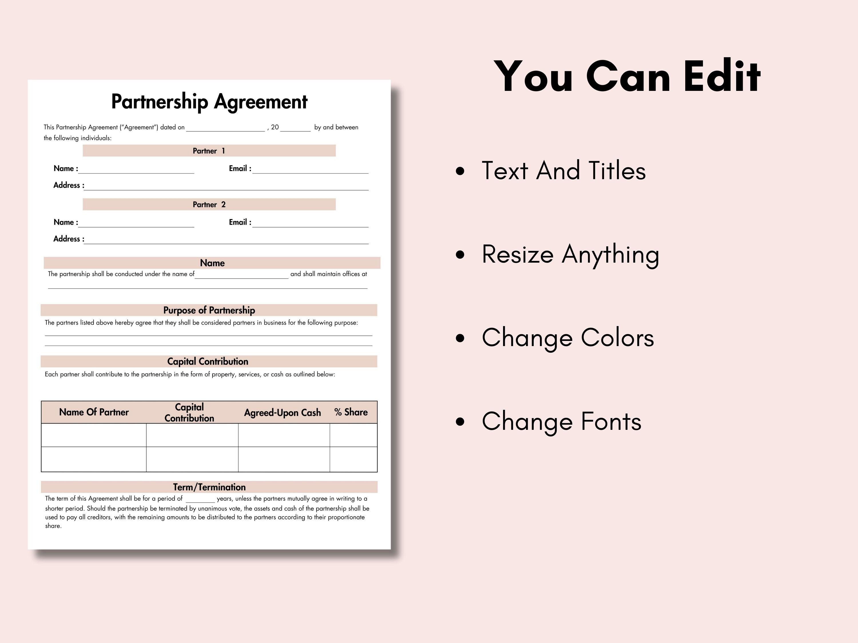 Partnership Agreement Template, Printable & Editable Agreement for LLC ...